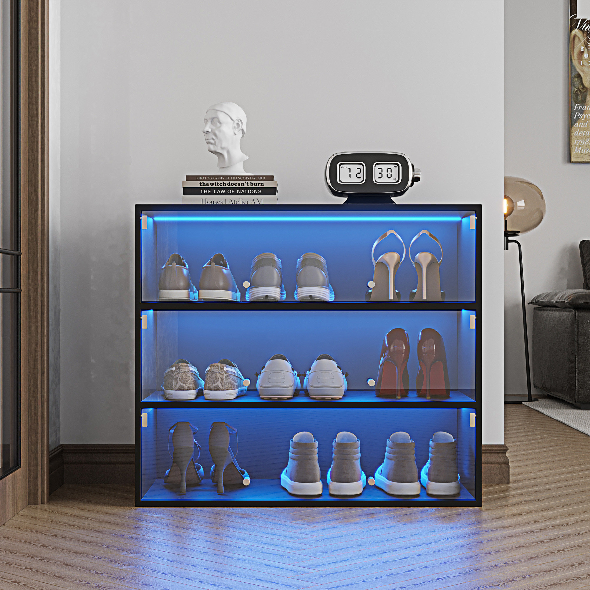 Wrought Studio™ Black Glass Door Shoe Box Shoe Storage Cabinet With RGB ...