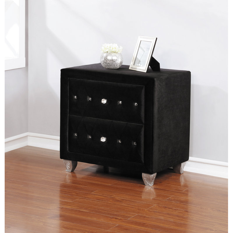 House of Hampton® Jennisa 2 - Drawer Velvet Nightstand in Black | Wayfair
