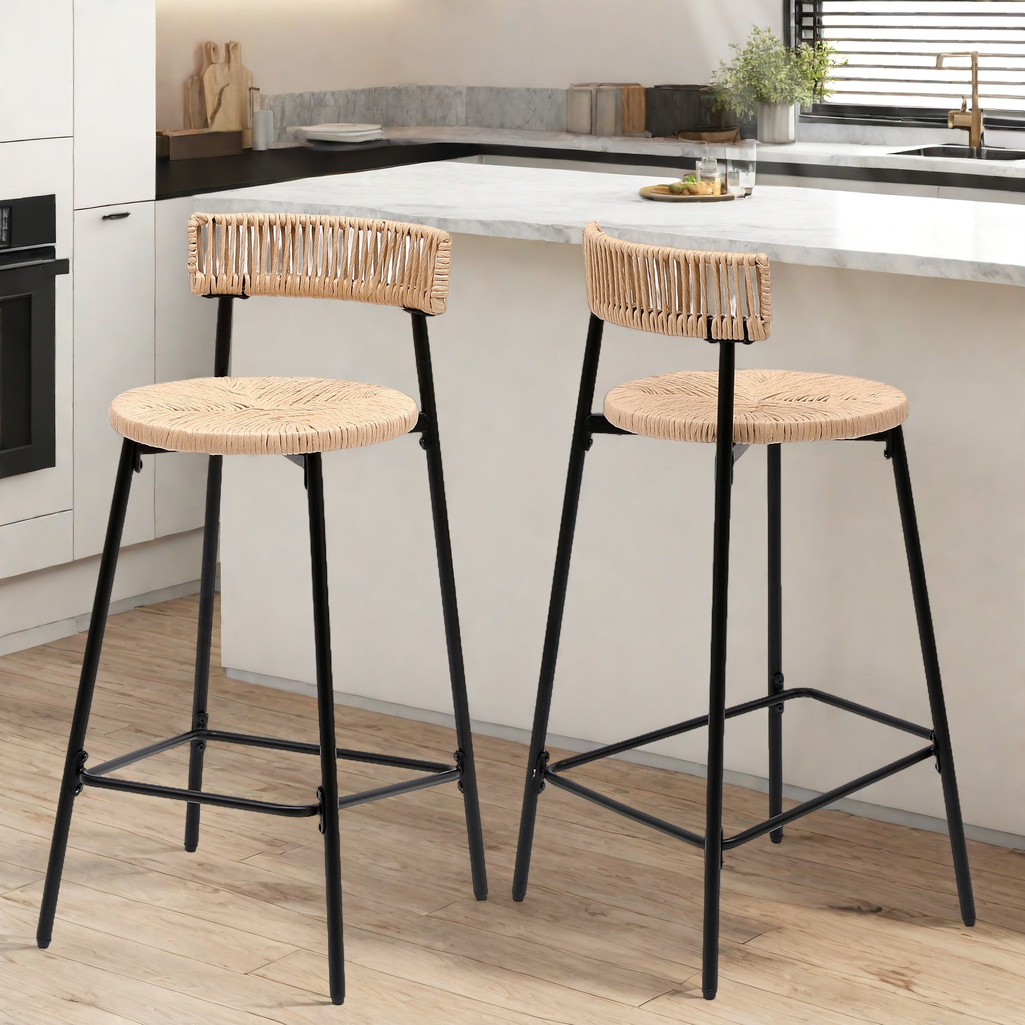 Bay Isle Home™ Paper Rope Weave Bar Stools With Footrest And Metal ...