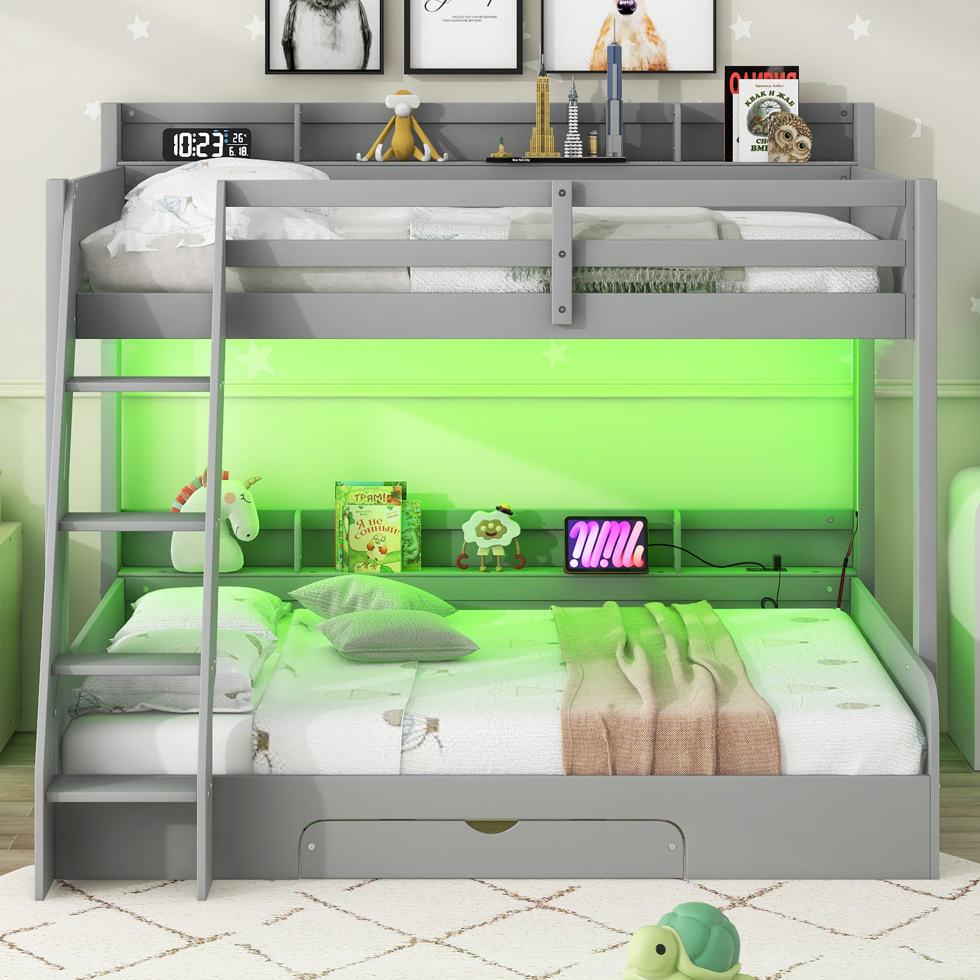 Latitude Run® Twin over Full Bunk Bed with Storage Shelves, LED Lights ...