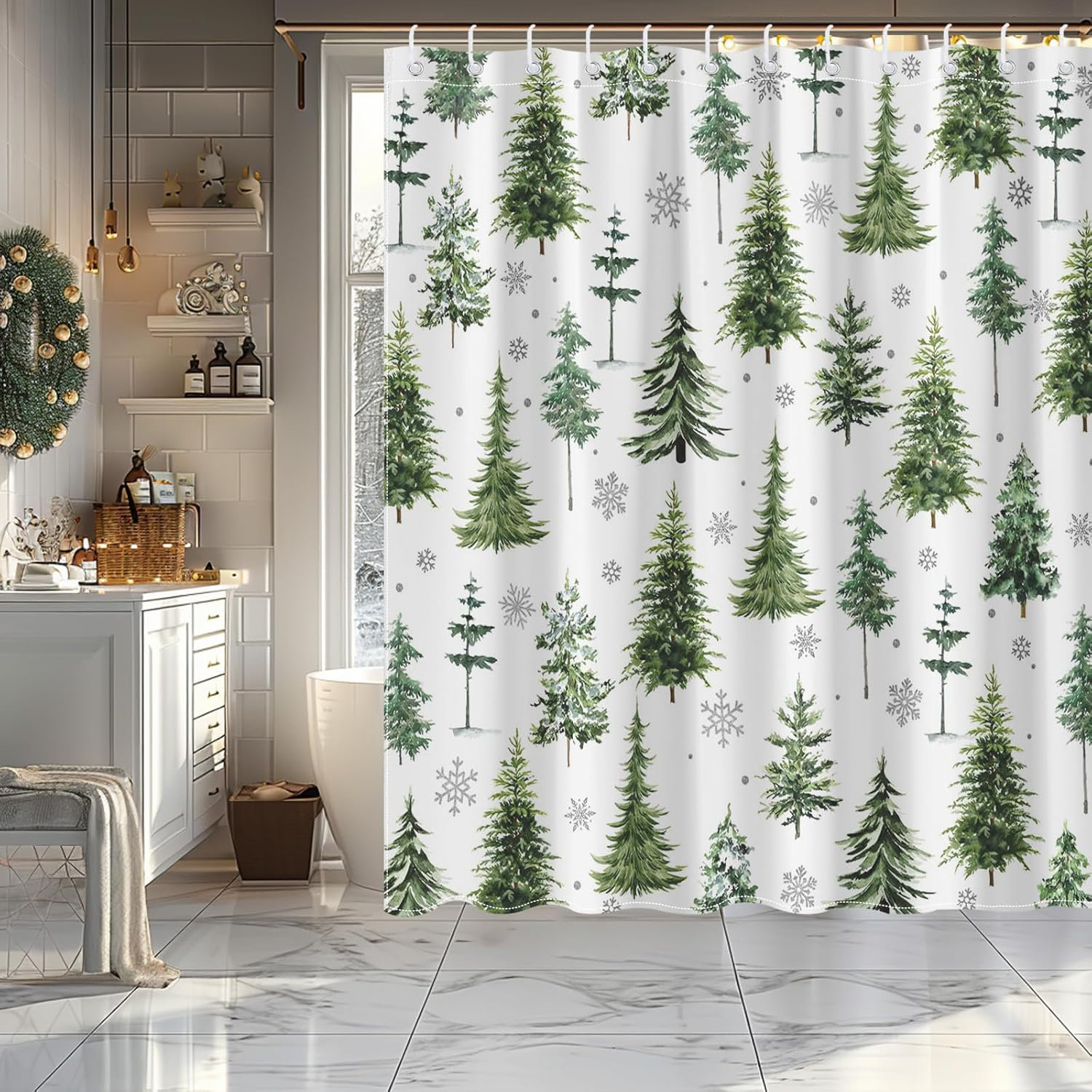 Union Rustic Christmas Pine Tree Shower Curtain Greenery Christmas Tree ...