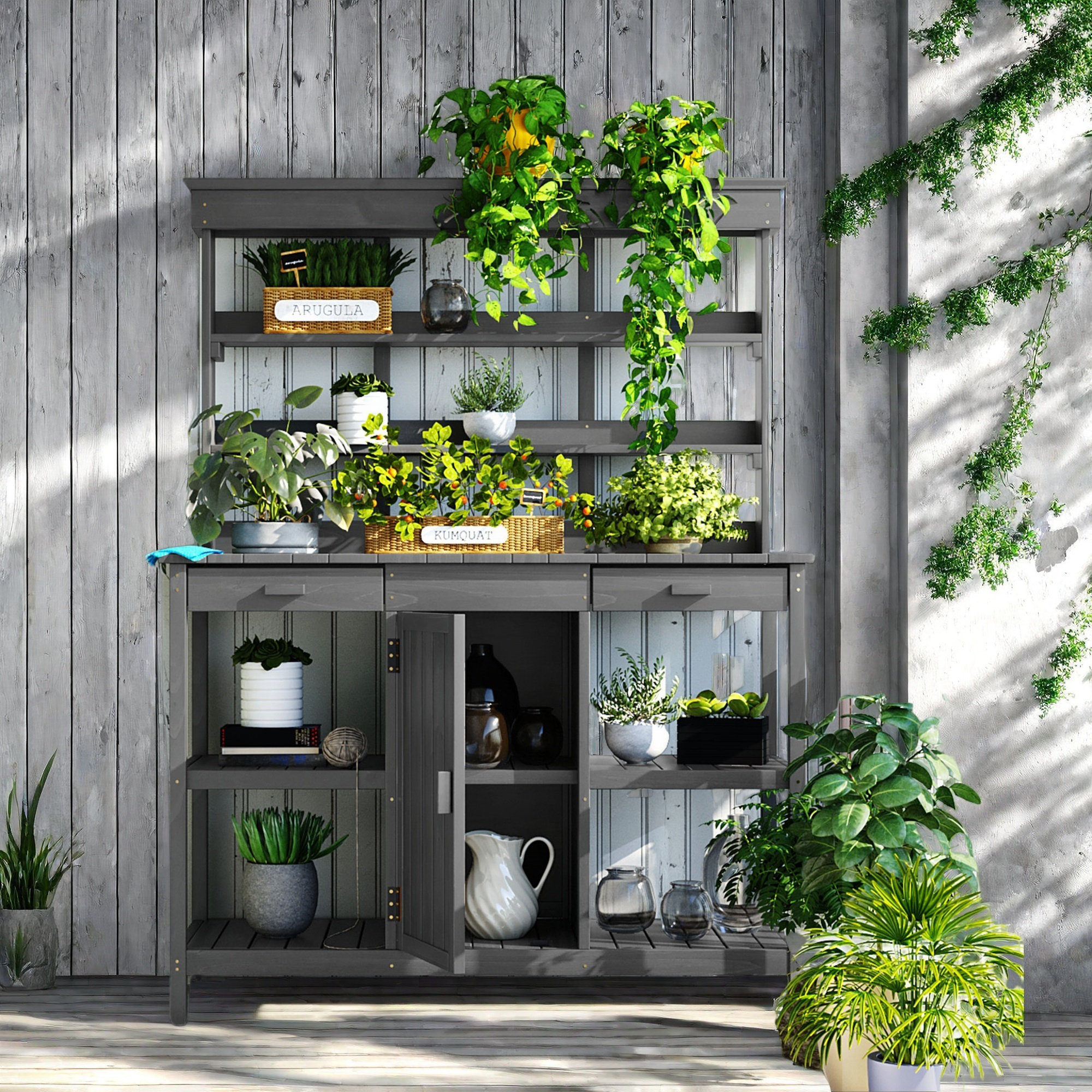 Red Barrel Studio Large Outdoor Farmhouse Wooden Potting Bench Table ...