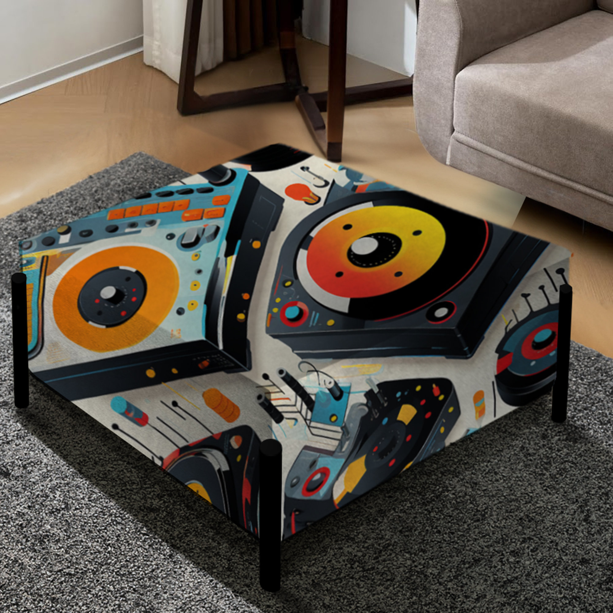 Design Art Turntables Boom Boxes Spots - Pop Art Large Square Ottoman ...