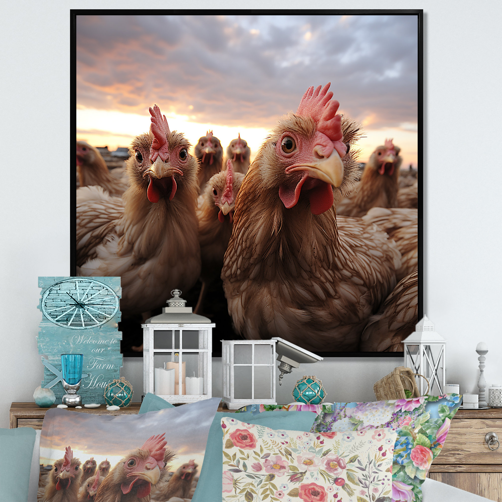 Gracie Oaks Red Chicken Family At Sunset - Chicken Animal Wall Art ...