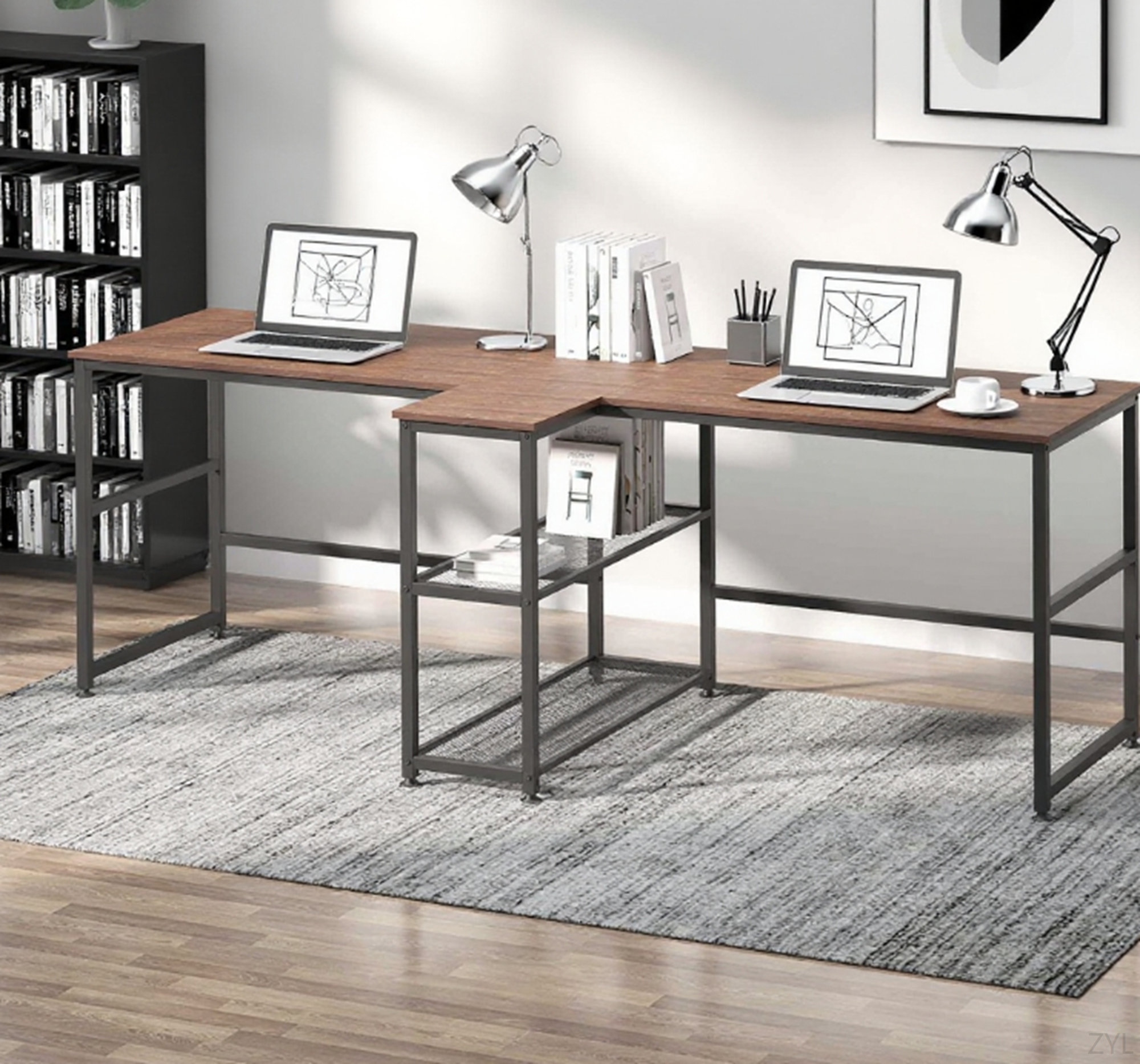 17 Stories Desk Two Person Computer Desk With Storage Shelves, Double ...