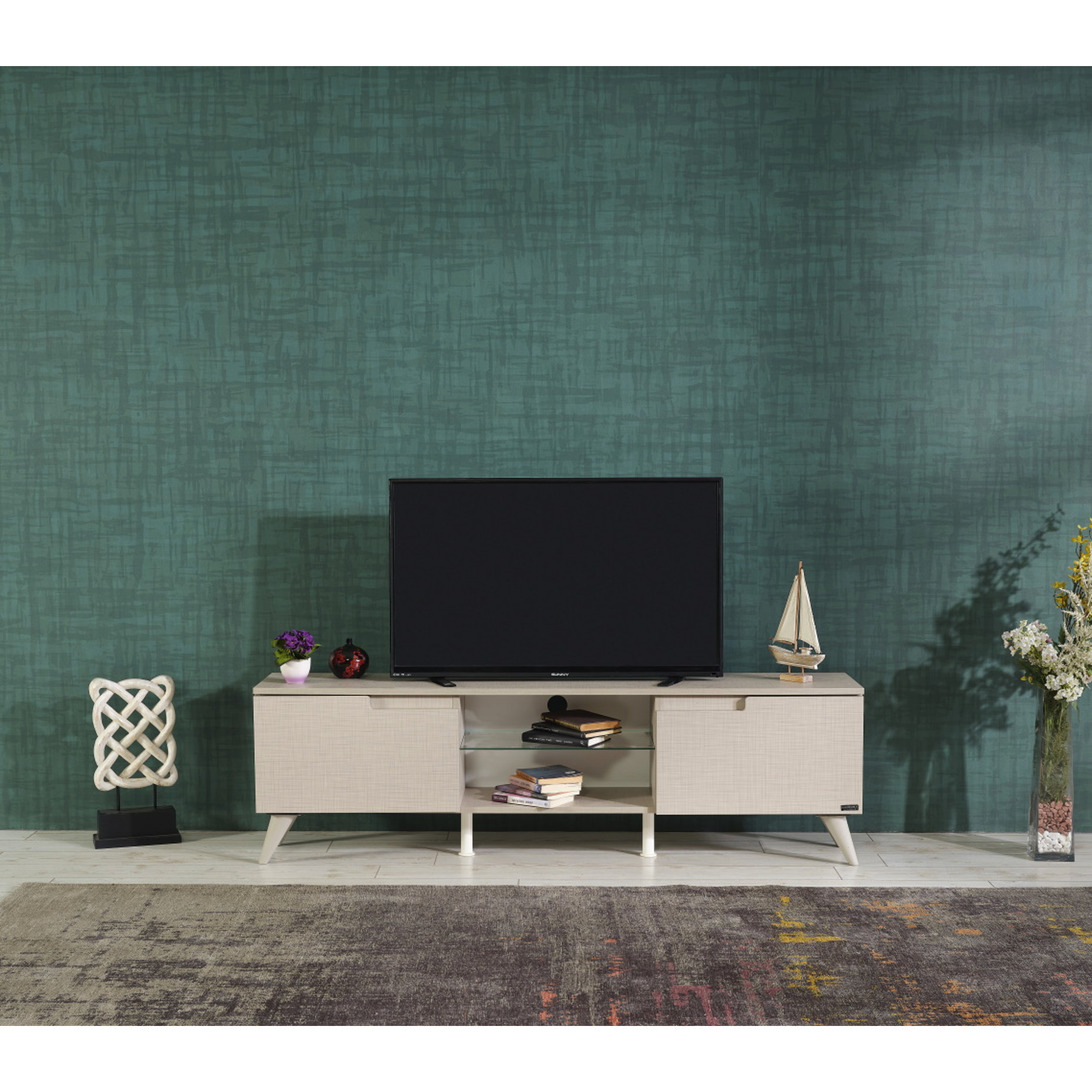 George Oliver Beige 66 Inch Tv Stand With 2 Door Cabinets And 1 Glass ...