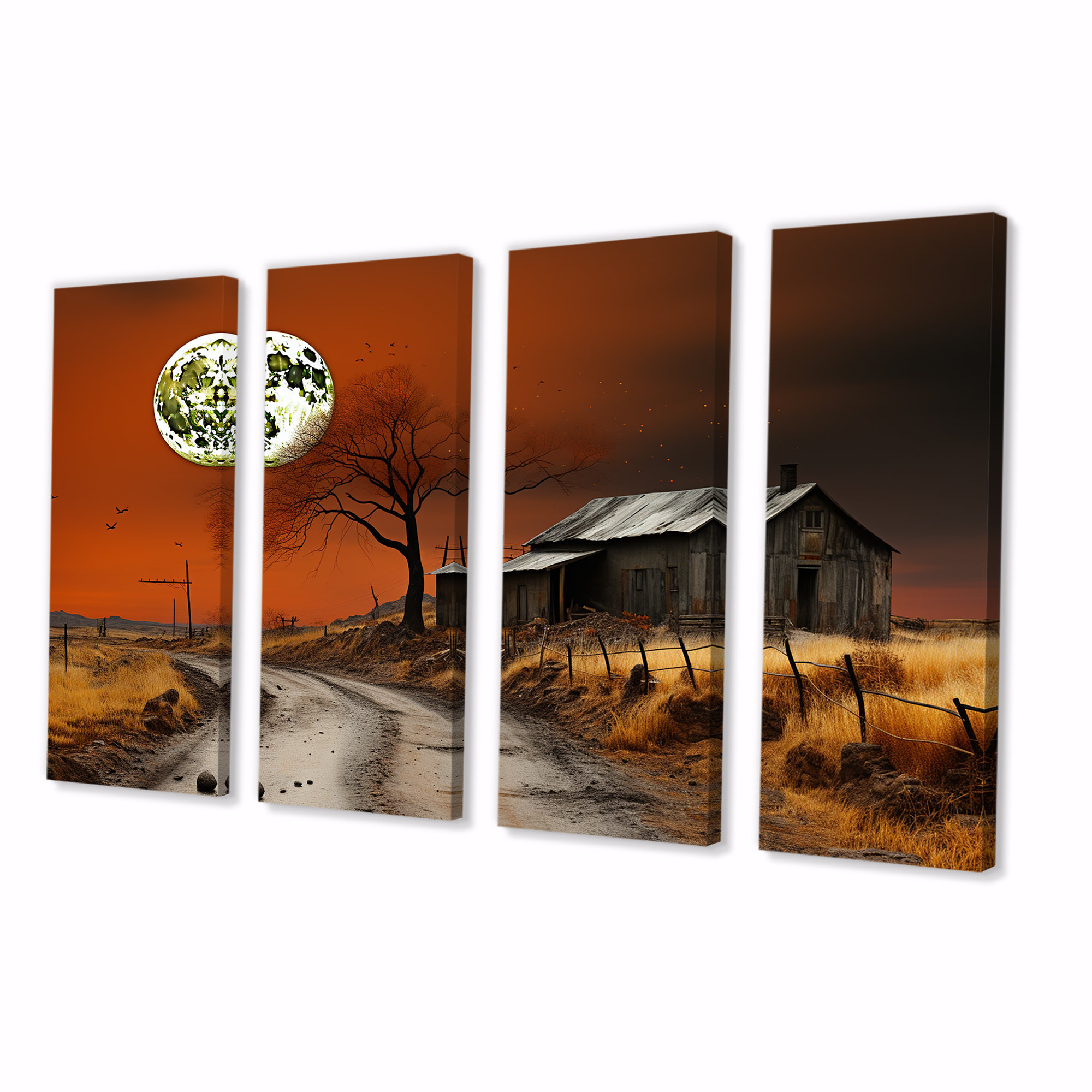 August Grove® Red Moon Sunset Farmhouse Meadow - Farm Windows 4 Piece ...