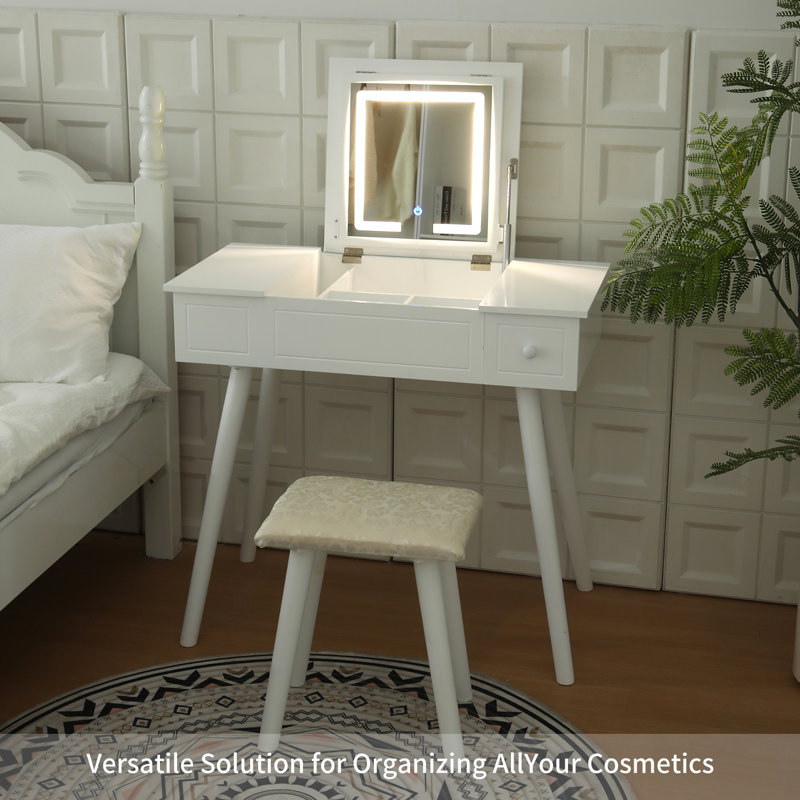 Wrought Studio™ White Dressing Table Set With Led | Wayfair