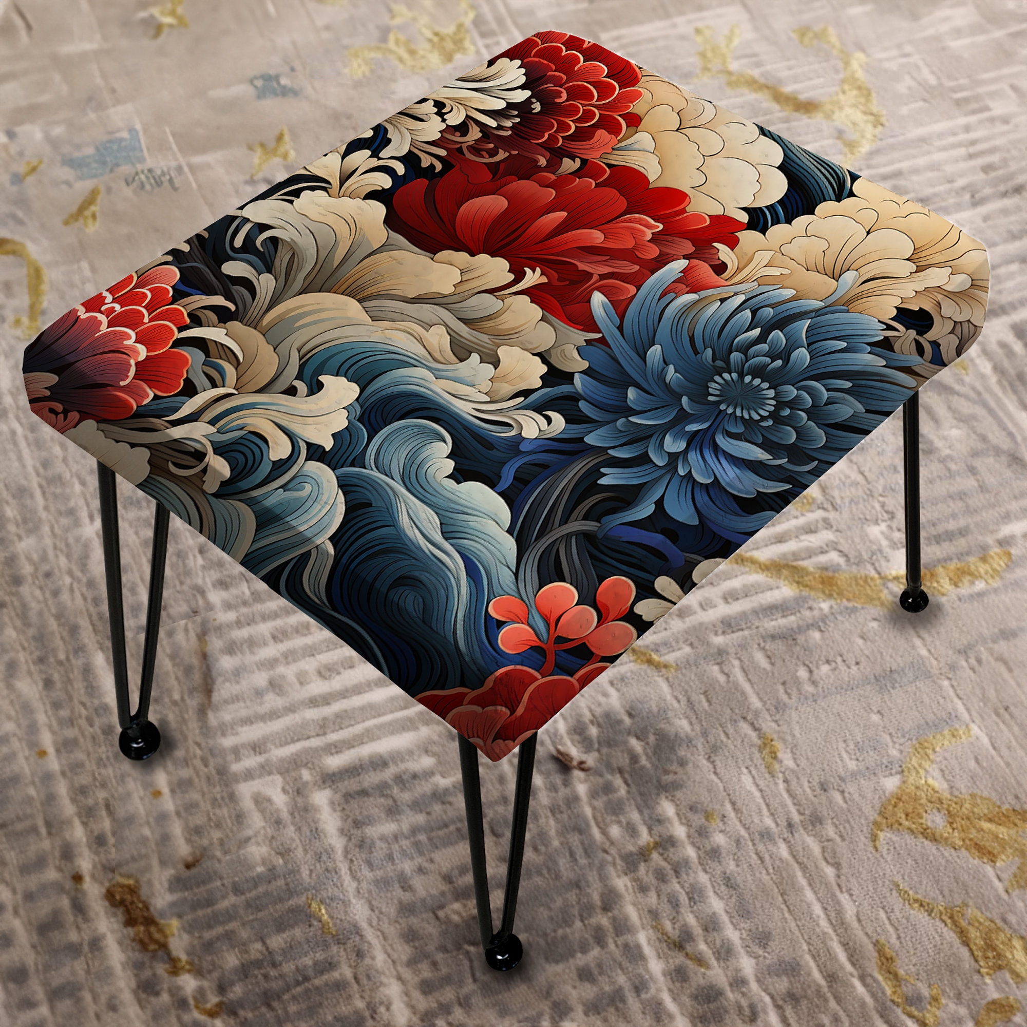 Design Art Woodblock Impressions - Oriental Floral Rectangle Ottoman ...