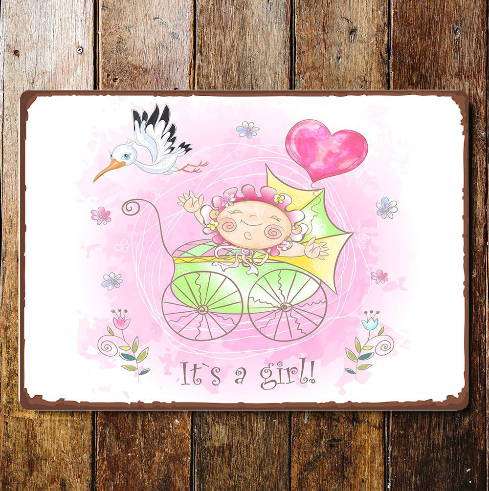 East Urban Home It's A Girl Stork Pushchair Metal Wall Sign Plaque ...