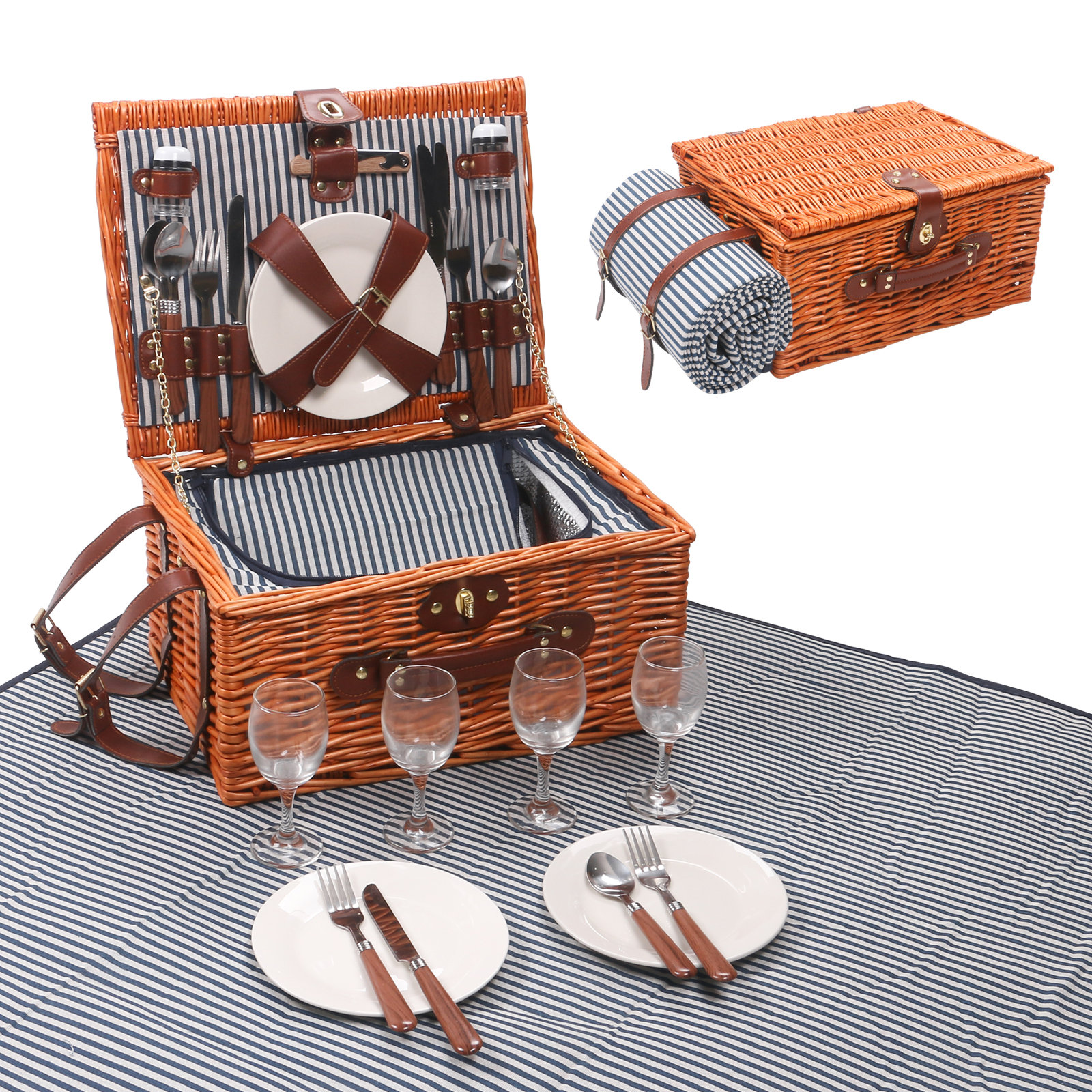 Arlmont & Co. Outdoor Willow Wicker Picnic Basket For 4 Persons With ...