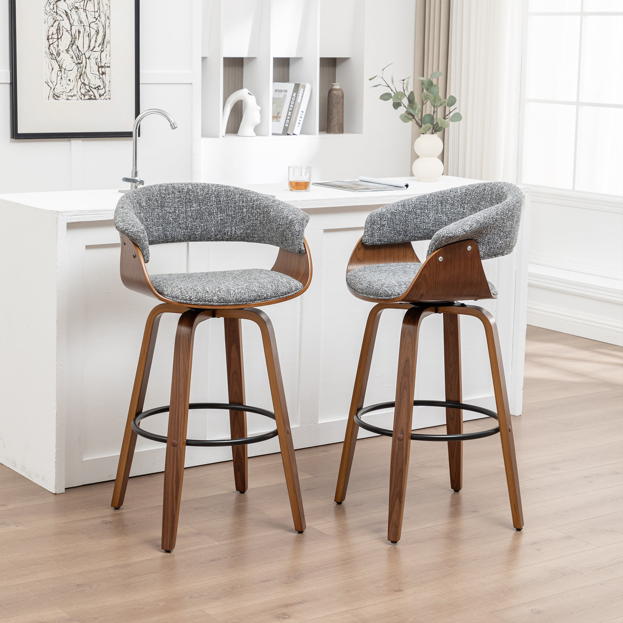 George Oliver Devlin Linen Fabric Upholstered Swivel Mid-Century Stools ...