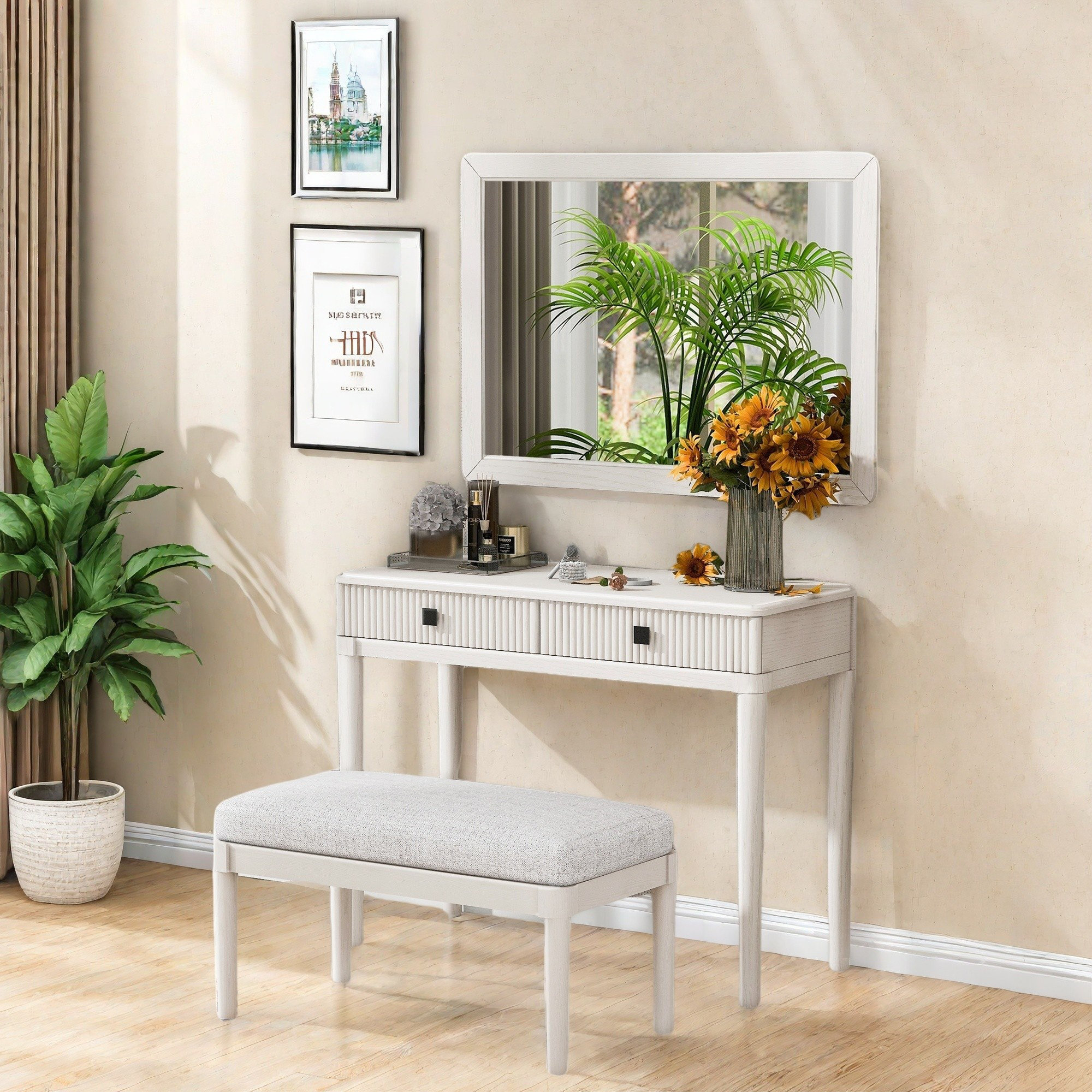 Everly Quinn Modern Vanity Desk Set With Stool, Mirror, 2 Large Drawers ...