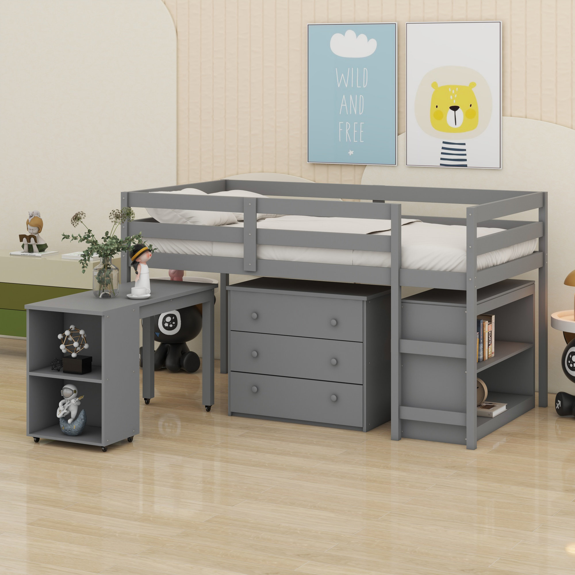 Harriet Bee Low Study Loft Bed With Shelf, Drawers And Rolling Portable ...