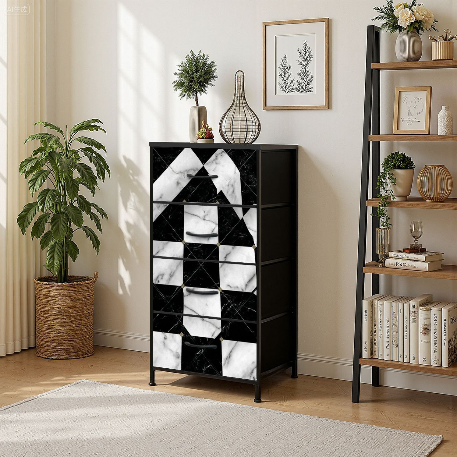 Ebern Designs 4 Drawer Vertical Storage Dresser white black check ...