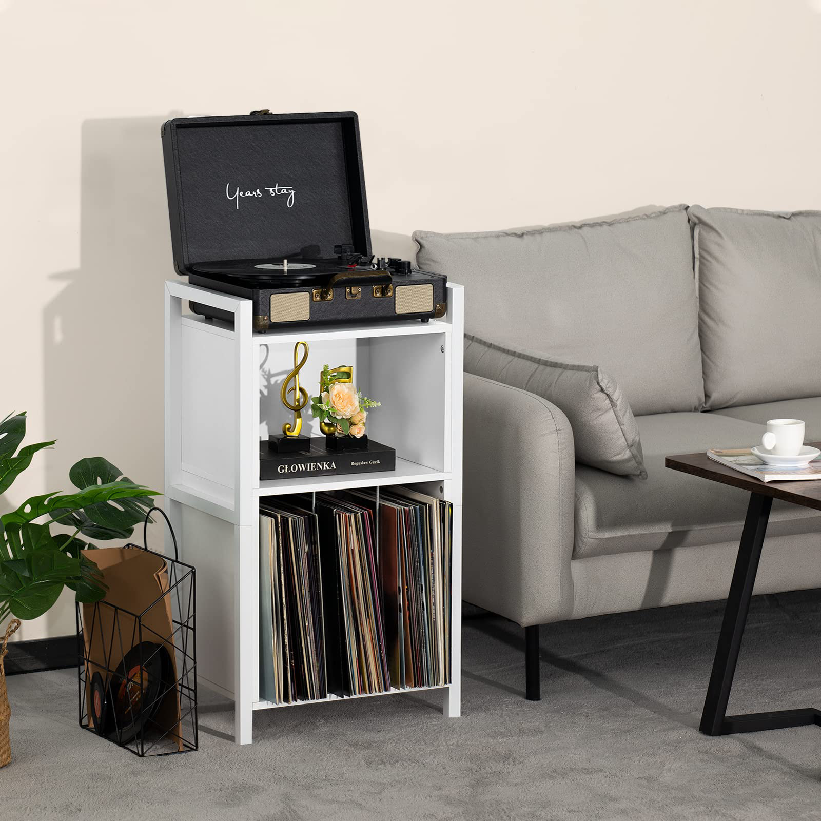Latitude Run® White Record Player Stand, 3-Shelf Vinyl Record Holder ...