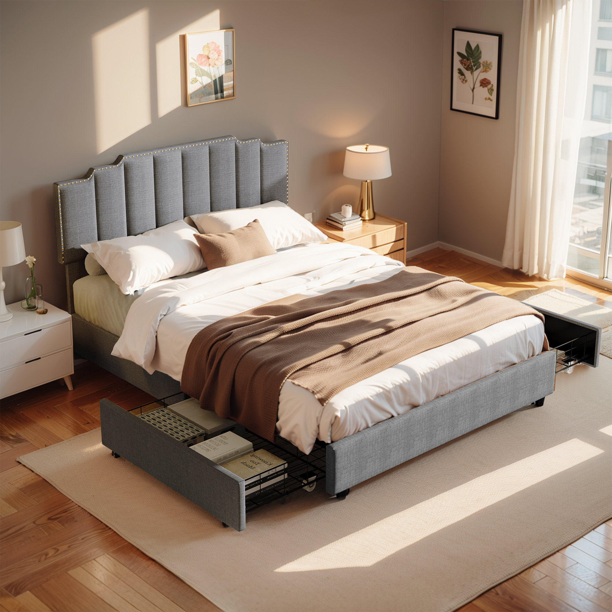 Winston Porter Elegant Linen Bed Frame With Ample Storage Drawers | Wayfair