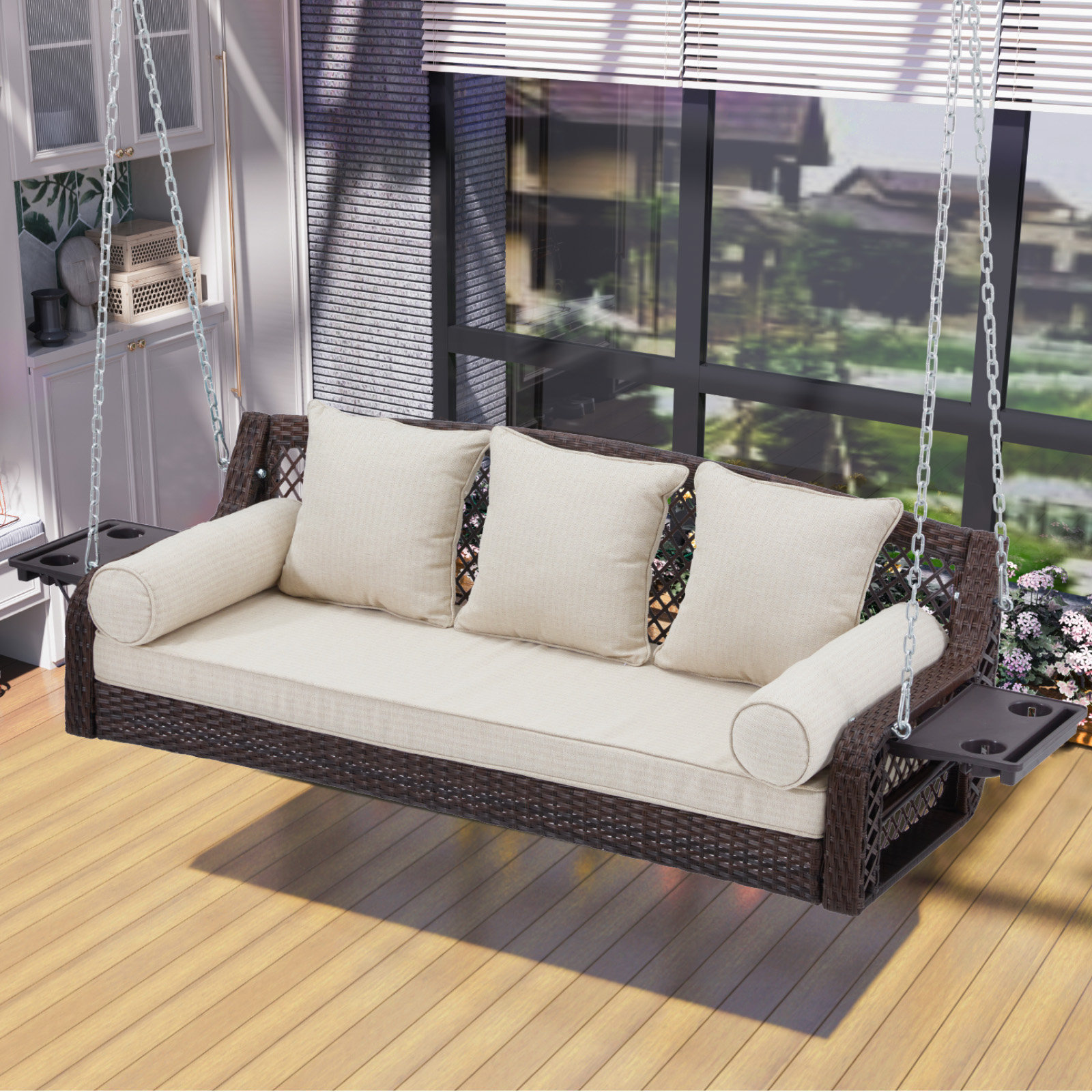 Winston Porter 3 Seat Porch Swing, Wicker Patio Swing With Cup Holders & 3 Back Cushions, Yard ...