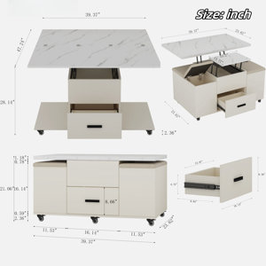 Ivy Bronx Modern Lift-up Folding Coffee Table With 4 Stools, 2 Drawers ...