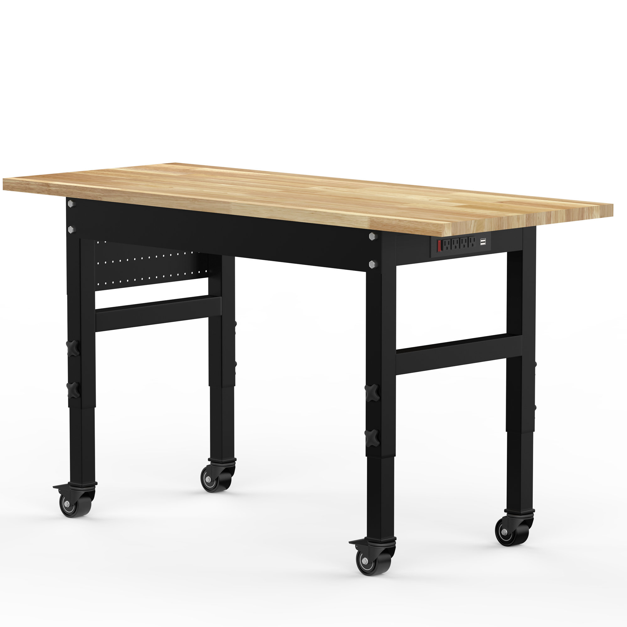 17 Stories Wood Top Height-Adjustable Workbench With Wheels And Plug ...