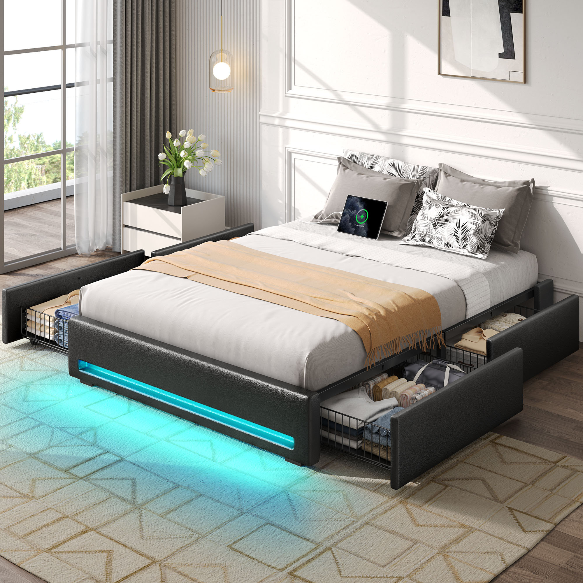 Wrought Studio Platform Bed Frame with 4 Storage Drawers, Upholstered ...