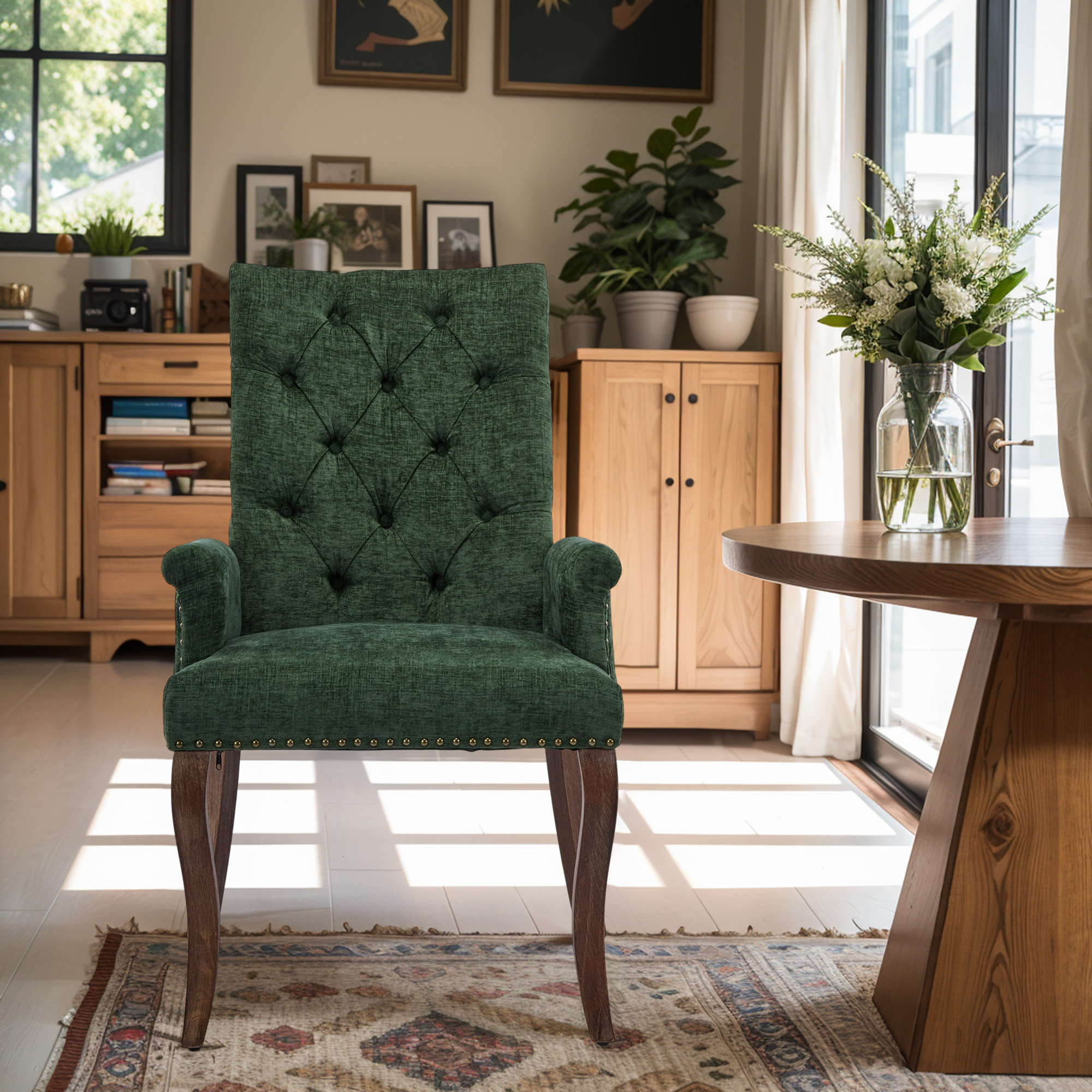 Winston Porter Tufted Upholstered Dining Arm Chair with Solid Wood ...