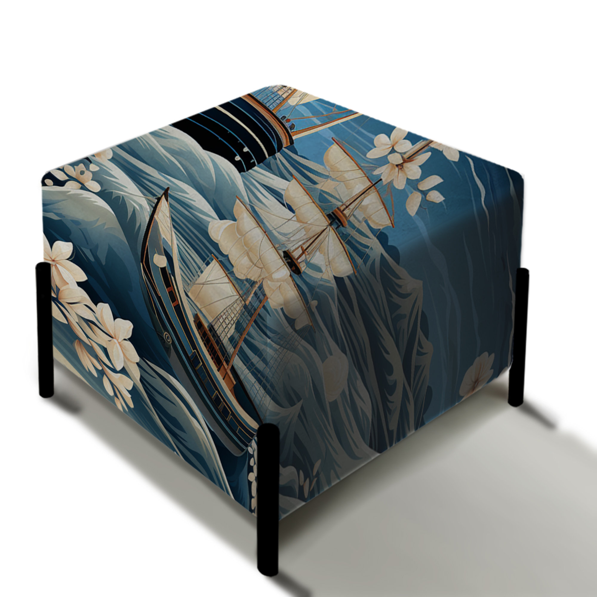 Design Art Maritime Coastal Boot Damask Voyage - Coastal Square Ottoman ...