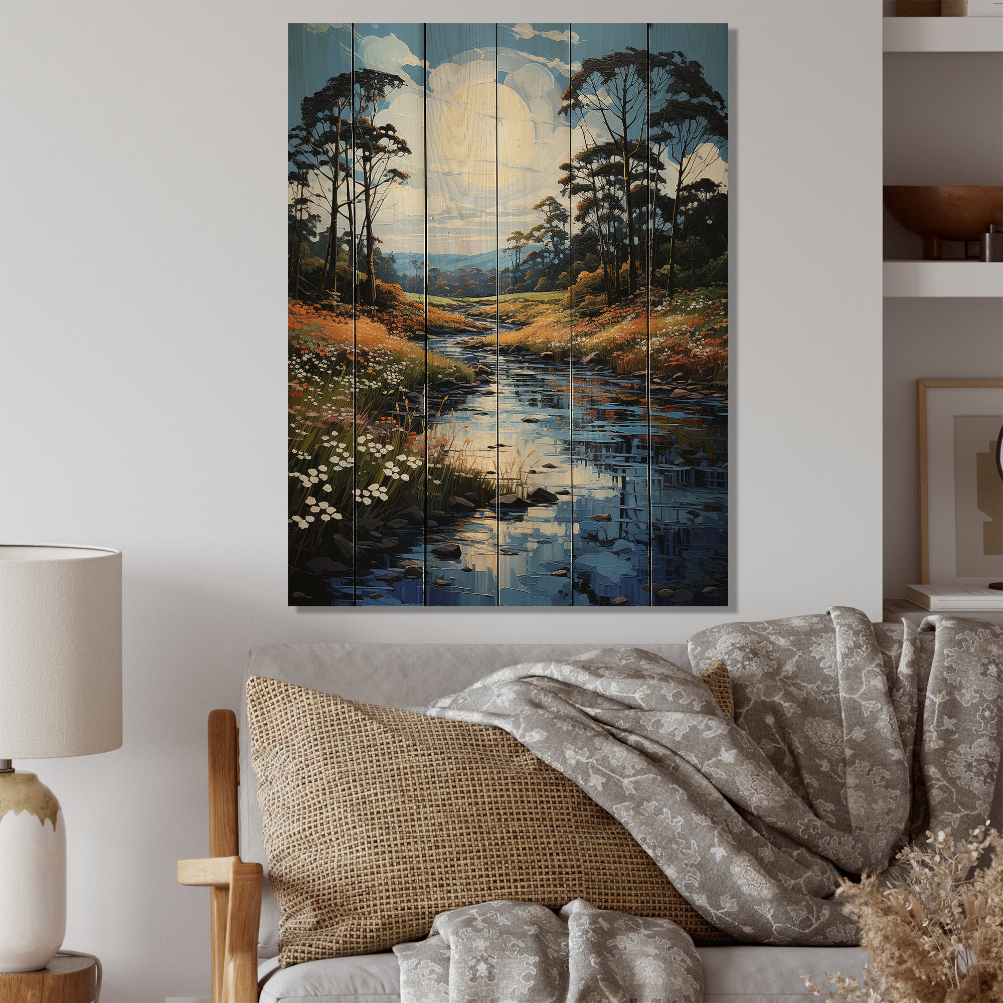 Millwood Pines Countryside River Reflections Patchwork On Wood Print ...