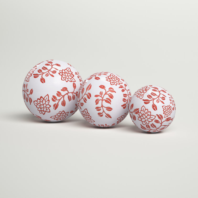Three Posts Hohman 3 Piece Ceramic Orbs - White with Red Fern Floral ...