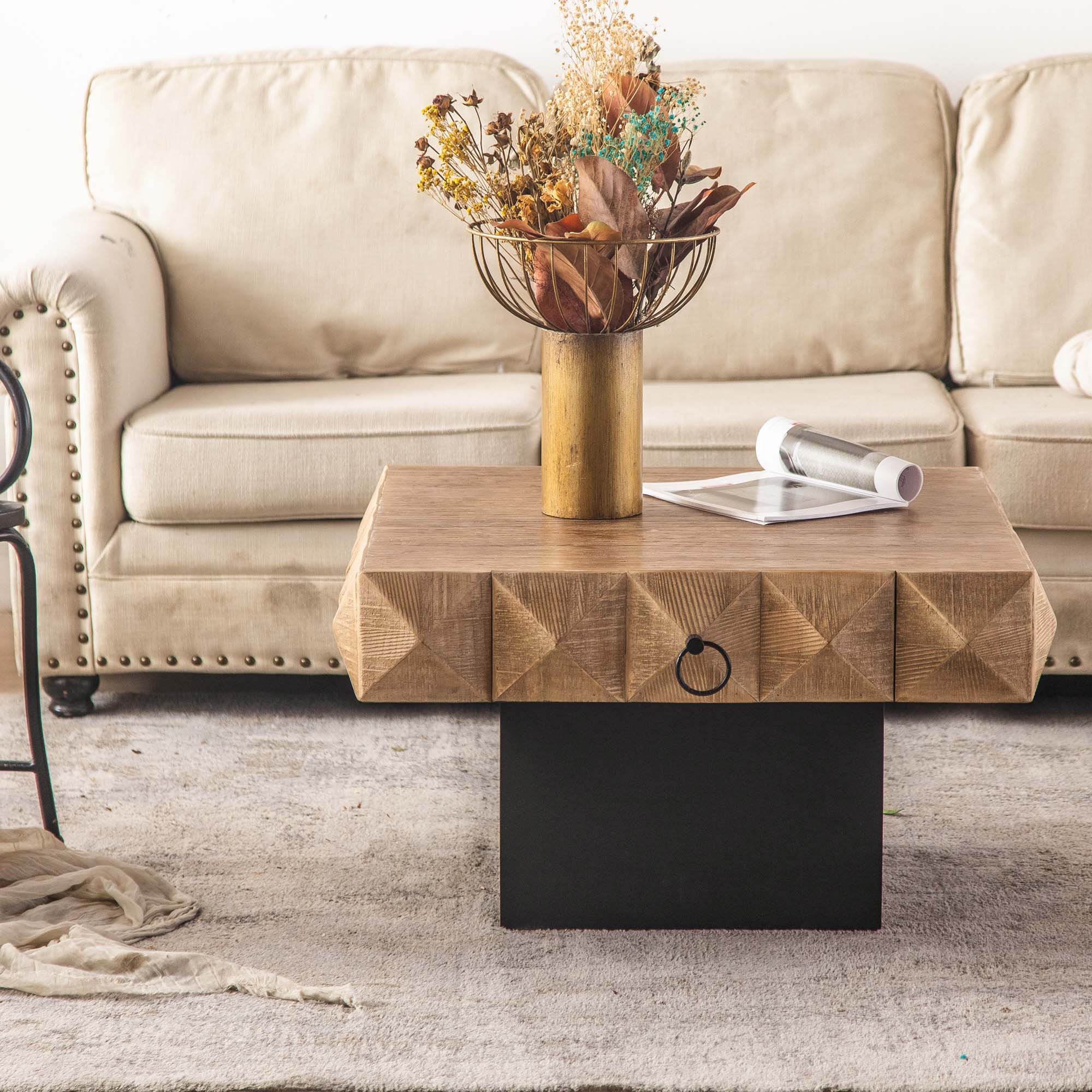 Millwood Pines Embossed Pattern Square Retro Coffee Table With 2 ...