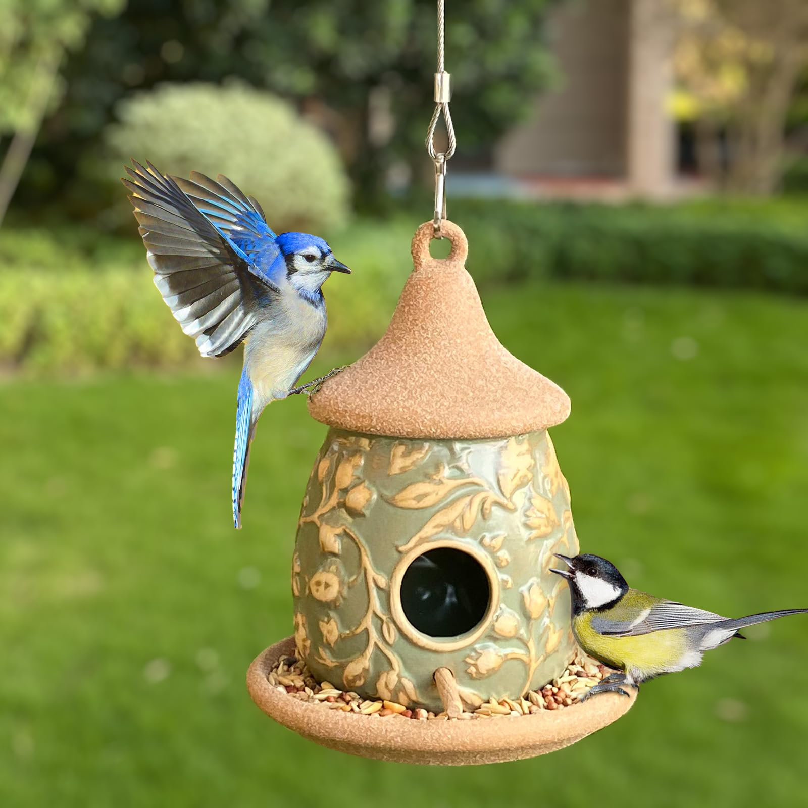 Ophelia & Co. Hanging Bird Houses Ceramic Bird House Feeder With Wooden ...