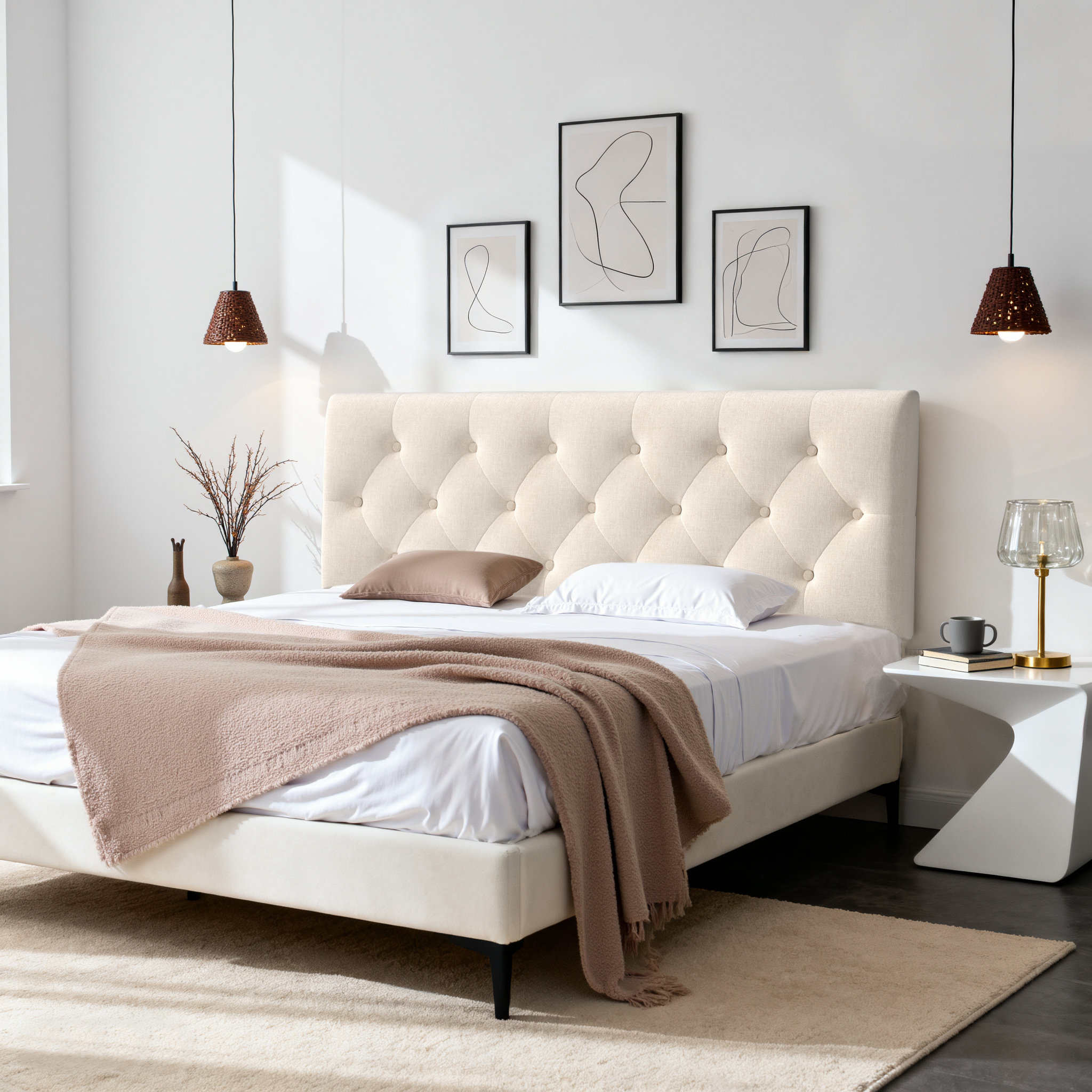 East Urban Home Tufted Upholstered Headboard Queen Size, Solid Wood ...