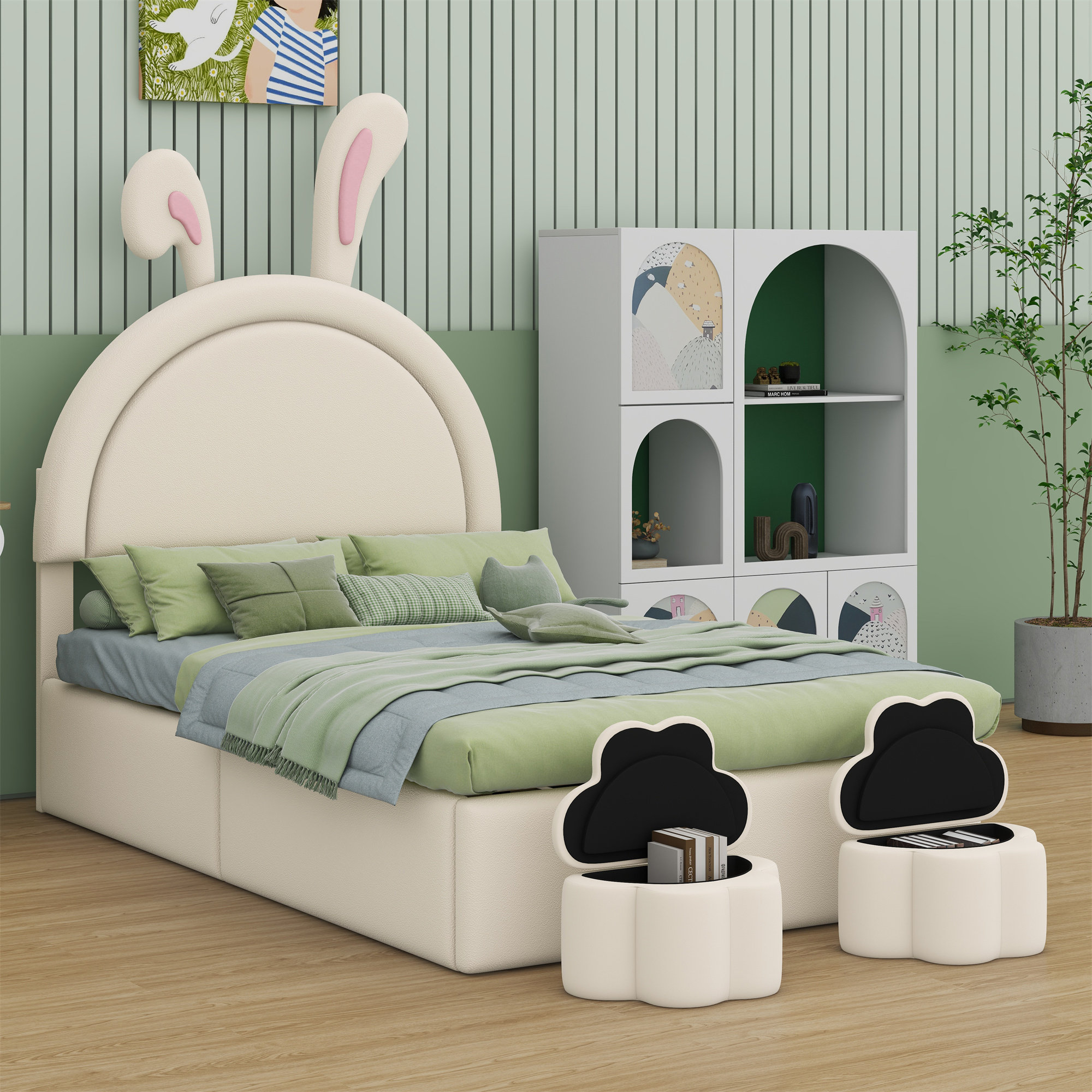 Zoomie Kids Upholstered Rabbit-Shape Bed With Footboard Storage And ...