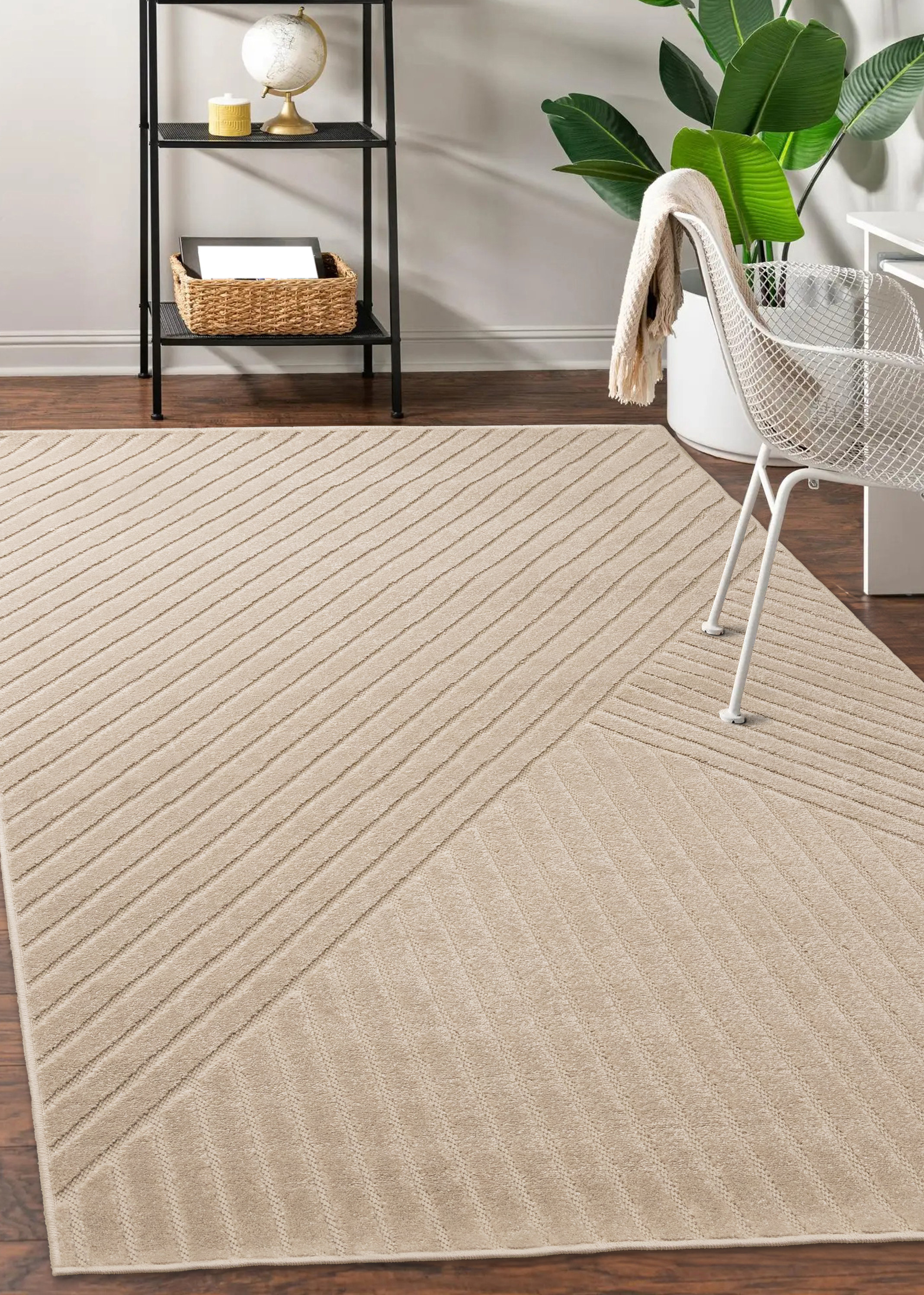 Ebern Designs Martaveous Textured Lines Greige Area Rug | Wayfair