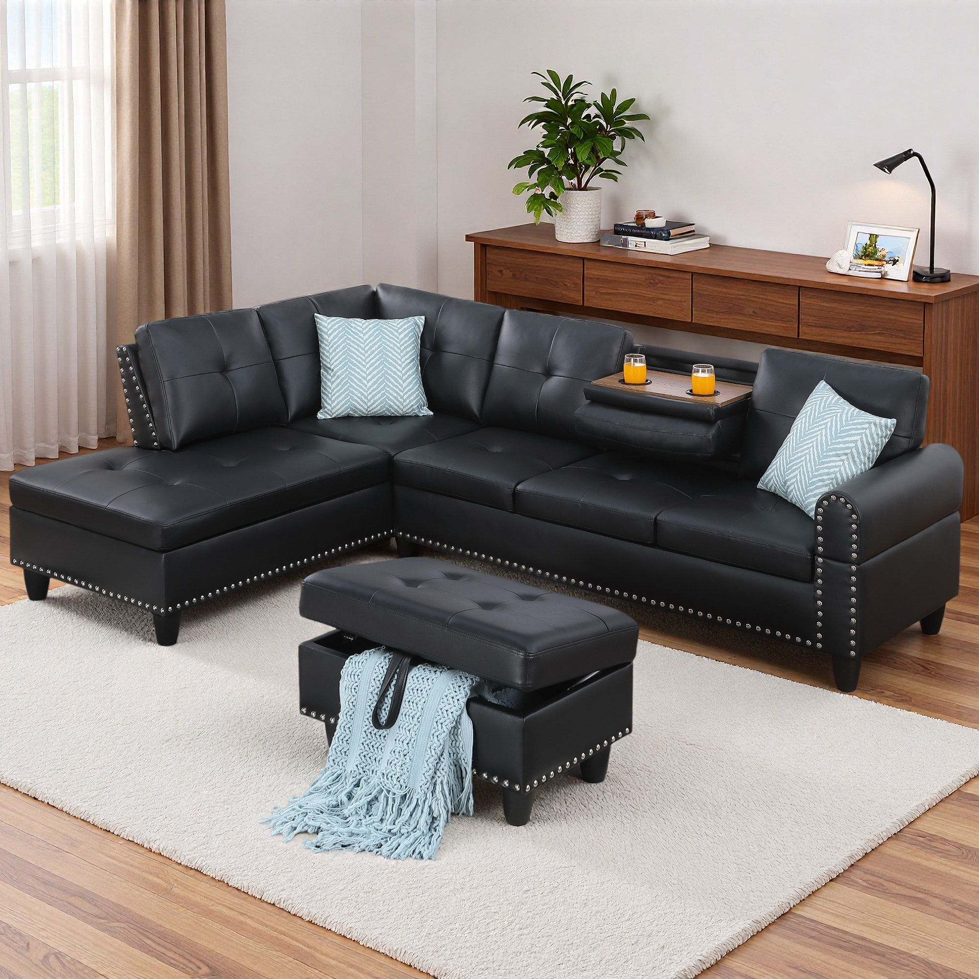 Ebern Designs Faux Leather L - Shaped Sectional Sofa With Nailhead Trim ...