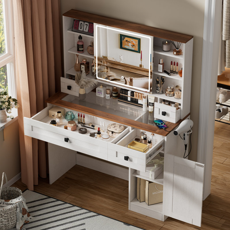 Gracie Oaks Krisette Makeup Vanity Desk with Sliding Mirror and Lights ...