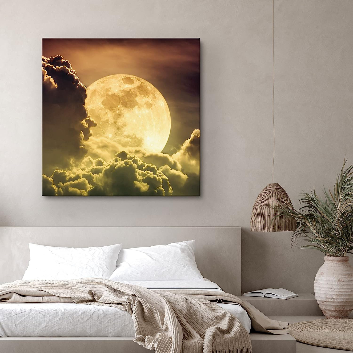 IDEA4WALL Autumn Orange Yellow Gradient Moon With Clouds On Canvas ...