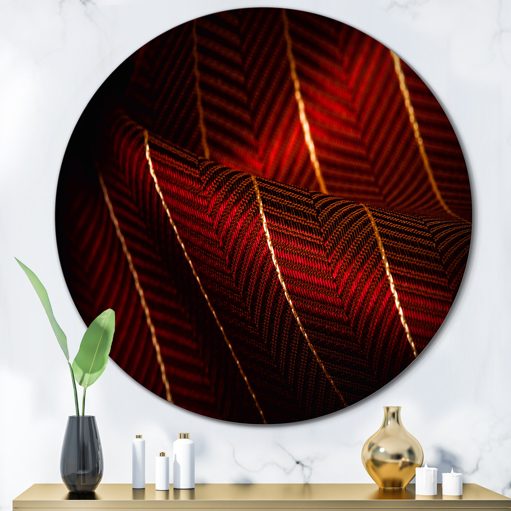 East Urban Home Ruby Red Fabric With Gold Line I - Modern Metal Circle ...
