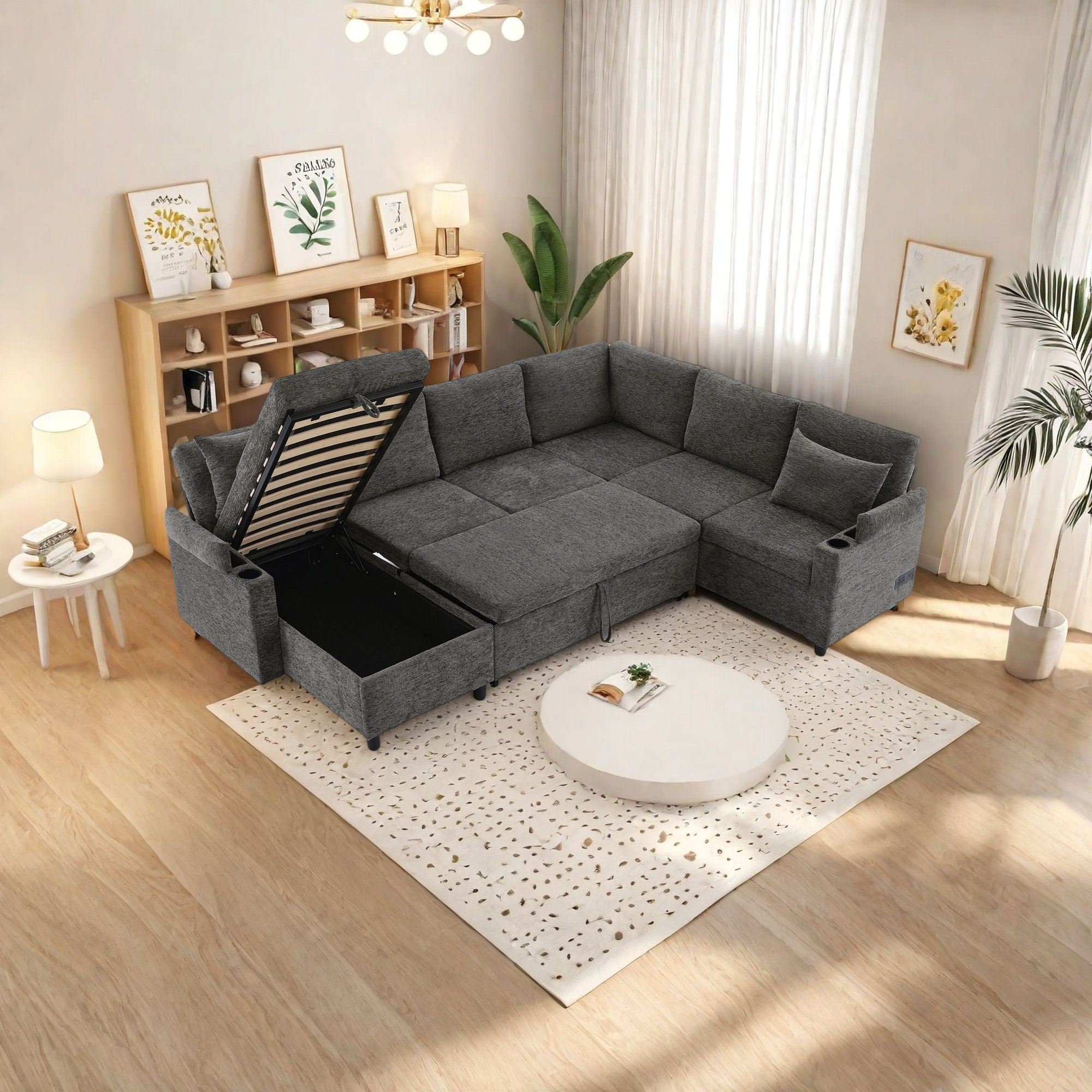 Hokku Designs Convertible U-Shaped Sofa Bed With Storage Chaise,Usb ...