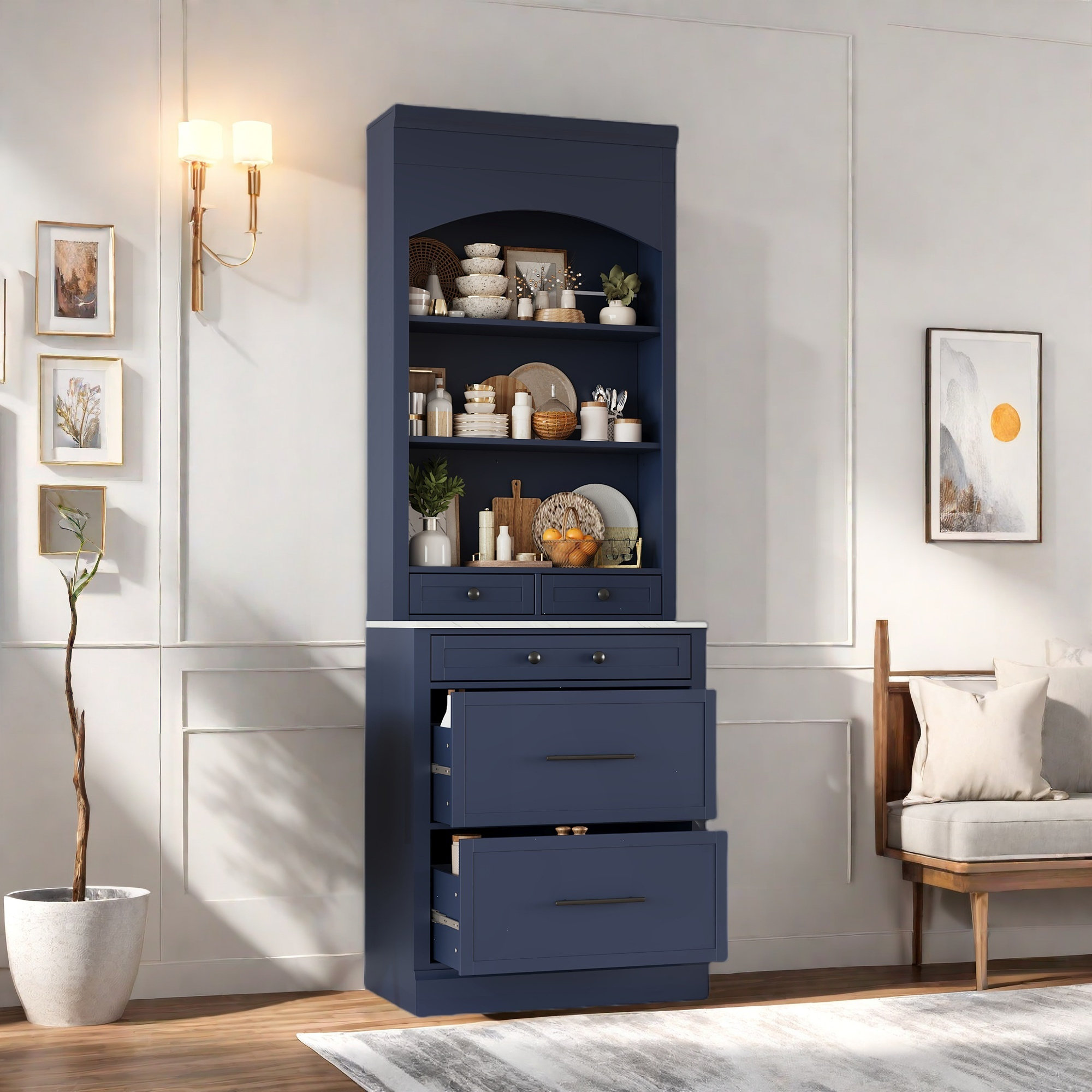 Latitude Run® Modern High Kitchen Pantry With Faux Marble Top, 5 ...