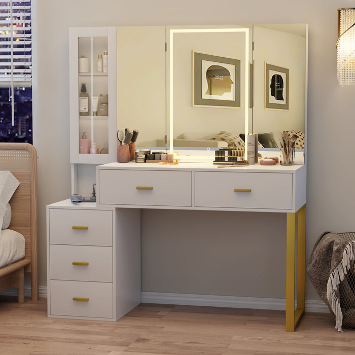 Mercer41 Priansh Vanity Desk with Mirror and Lights, Makeup Vanity with ...
