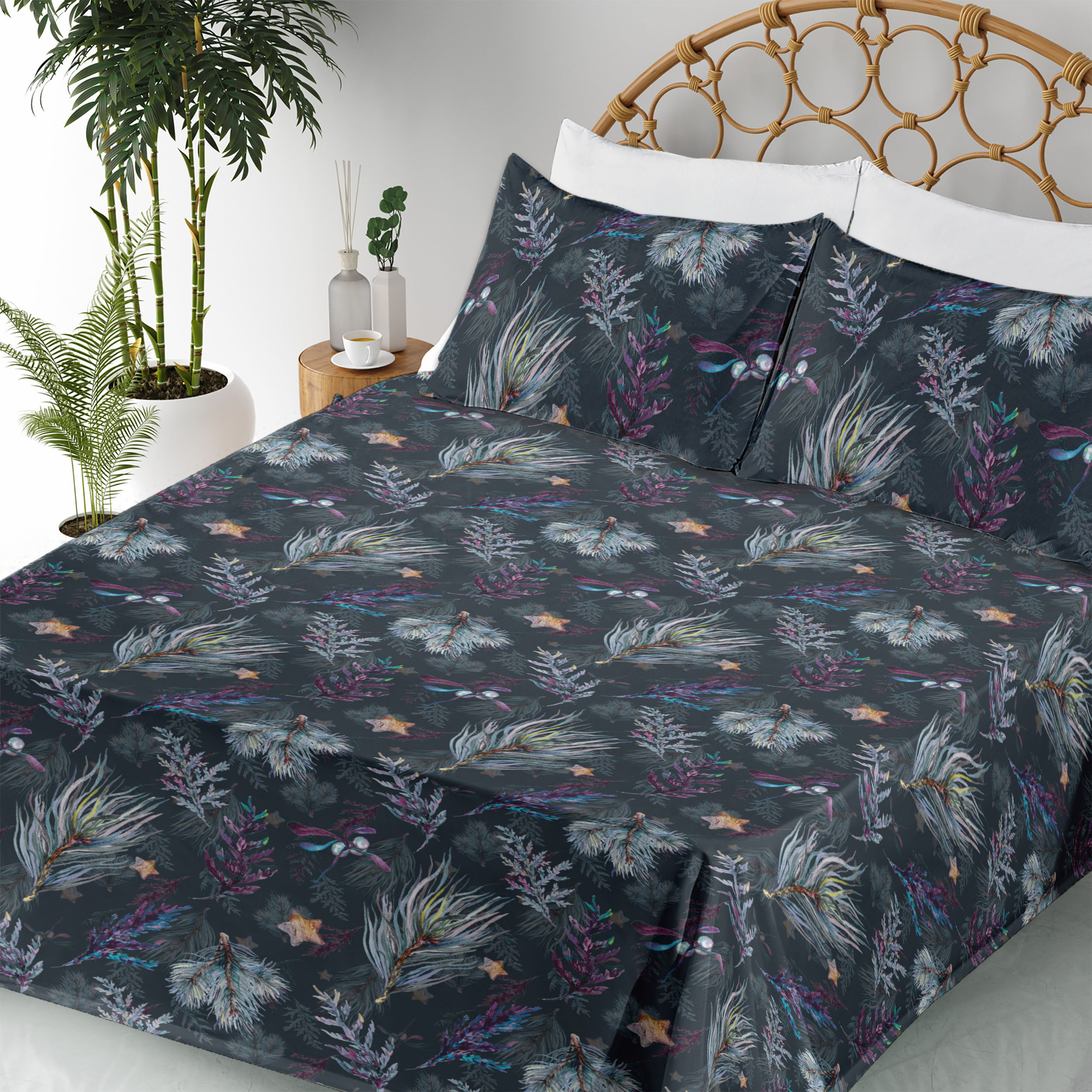 Ambesonne Boho Forest Sheet Set Exotic Leaf Pattern Charcoal Grey and Plum | Wayfair