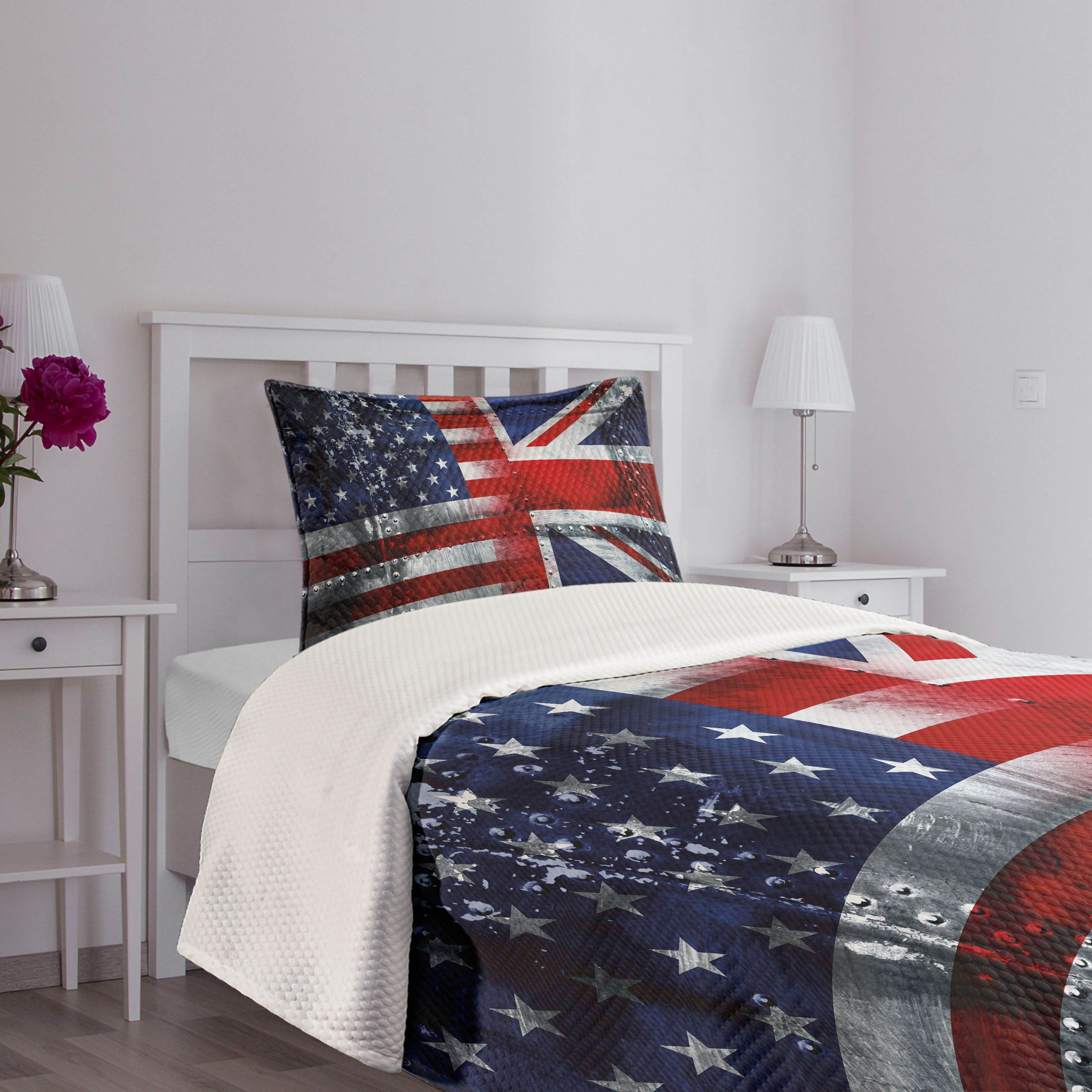 Ambesonne Union Jack Bedspread Set UK and USA Flags Design Navy Blue ...