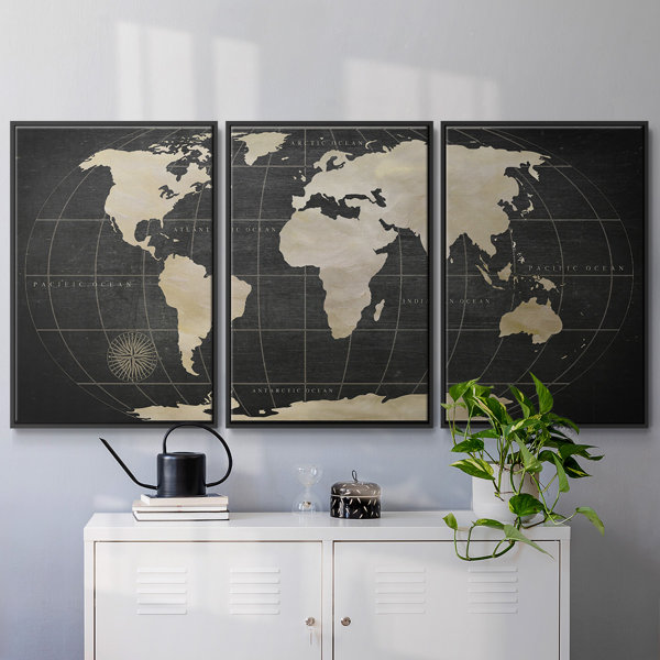 Breakwater Bay Vintage World Map Framed On Canvas 3 Pieces Painting ...