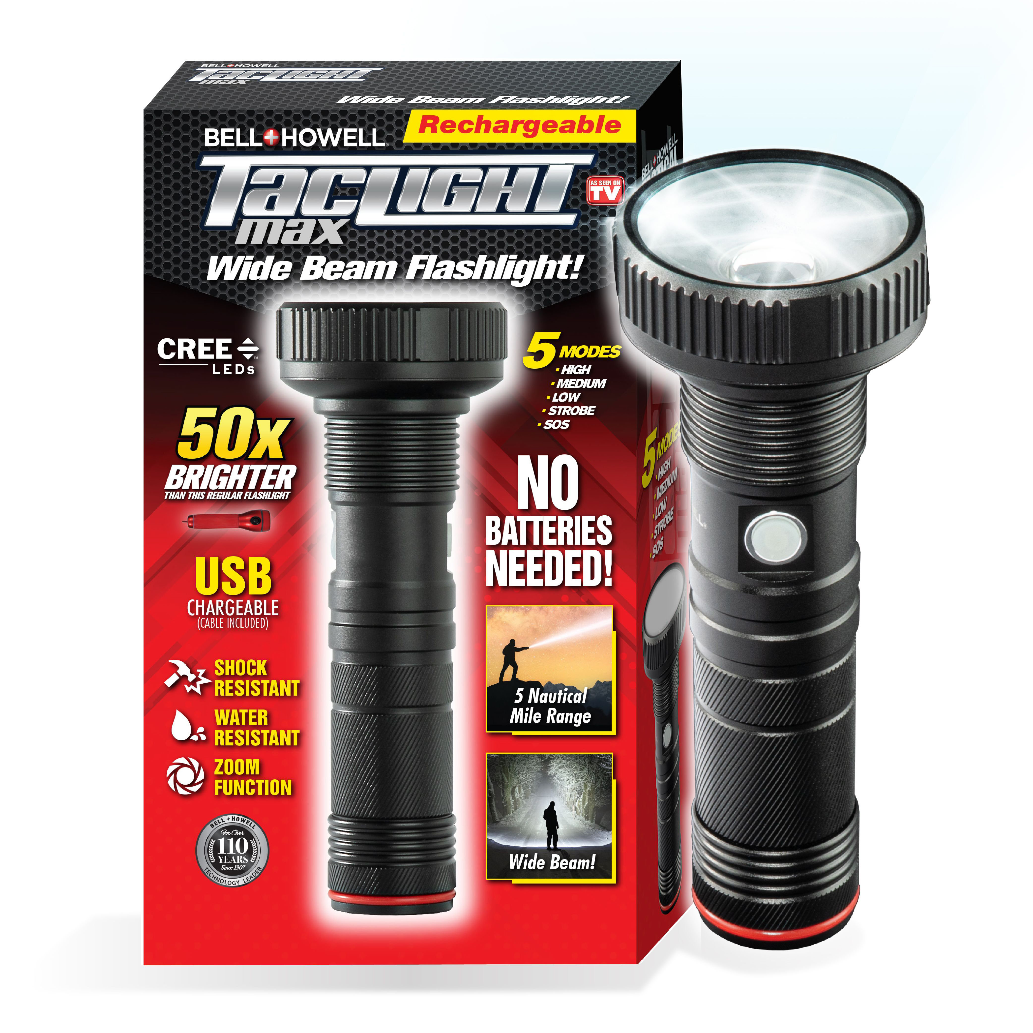 Bell + Howell Taclight Max Rechargeable Wide Beam Flashlight with 5 ...