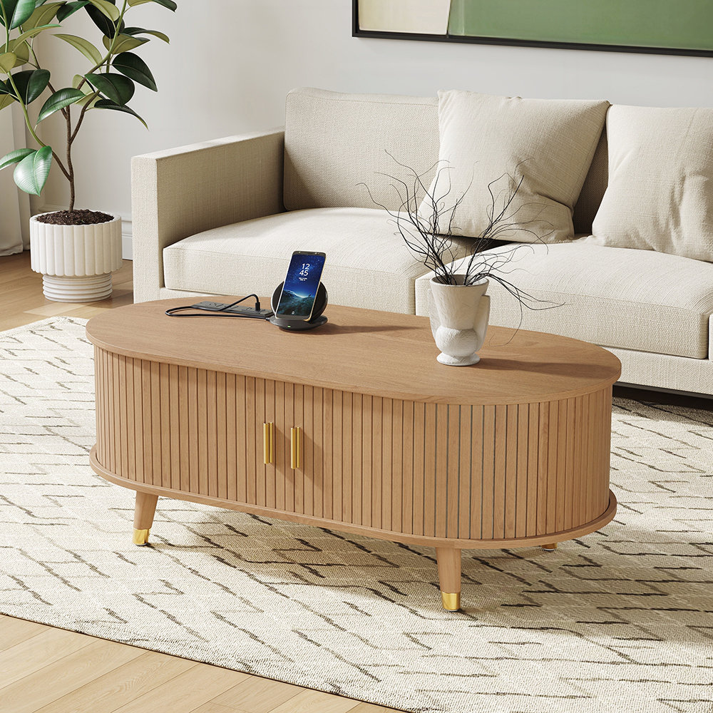 George Oliver Wooden Oval Fluted Coffee Table with Charging Station Mid ...