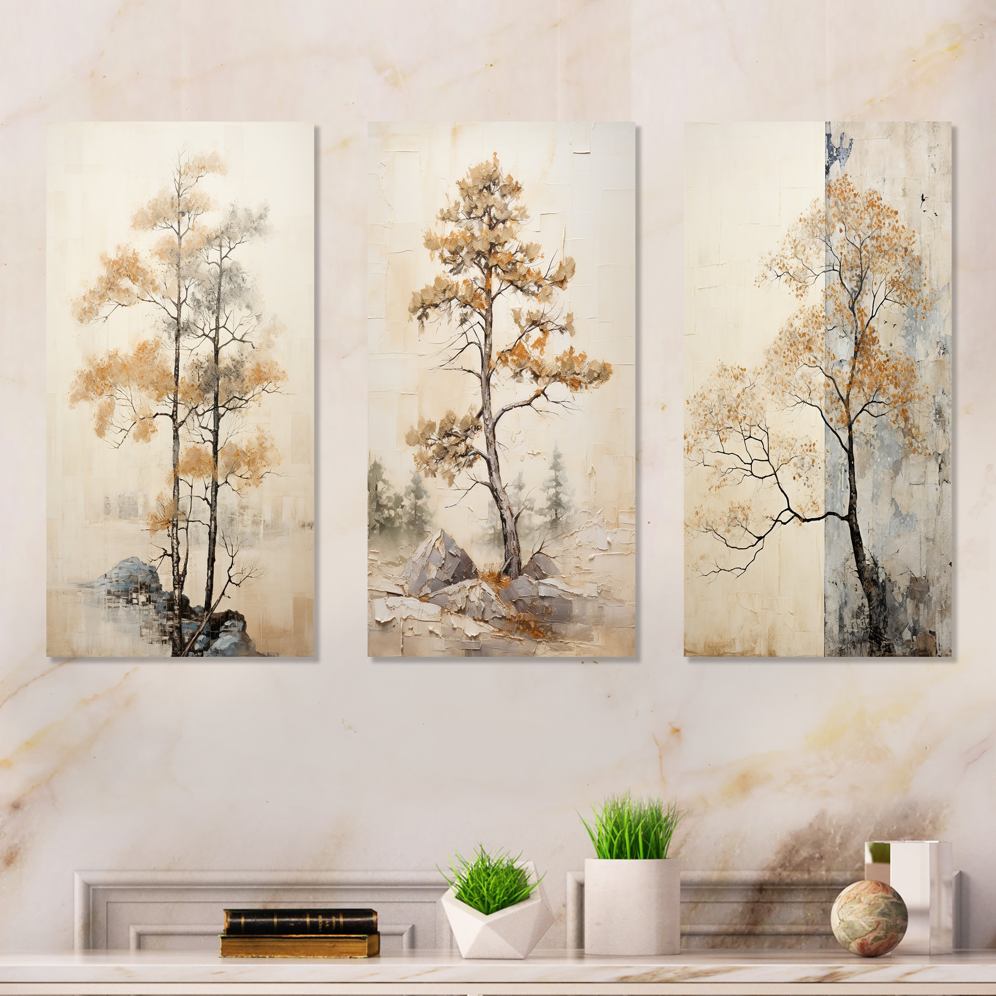 Lark Manor™ Beige Tree Pine Tranquility - Tree Pine Metal Art Print Set ...
