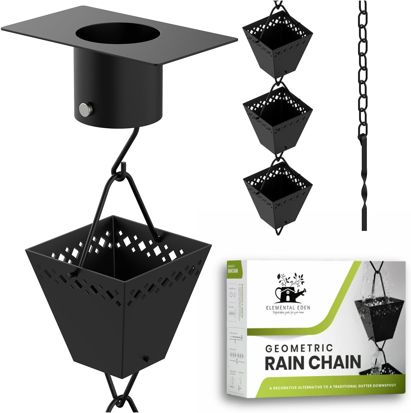 INSALER Rain Chain Kit W/Adapter & Extension Black Powder Coated Rain ...