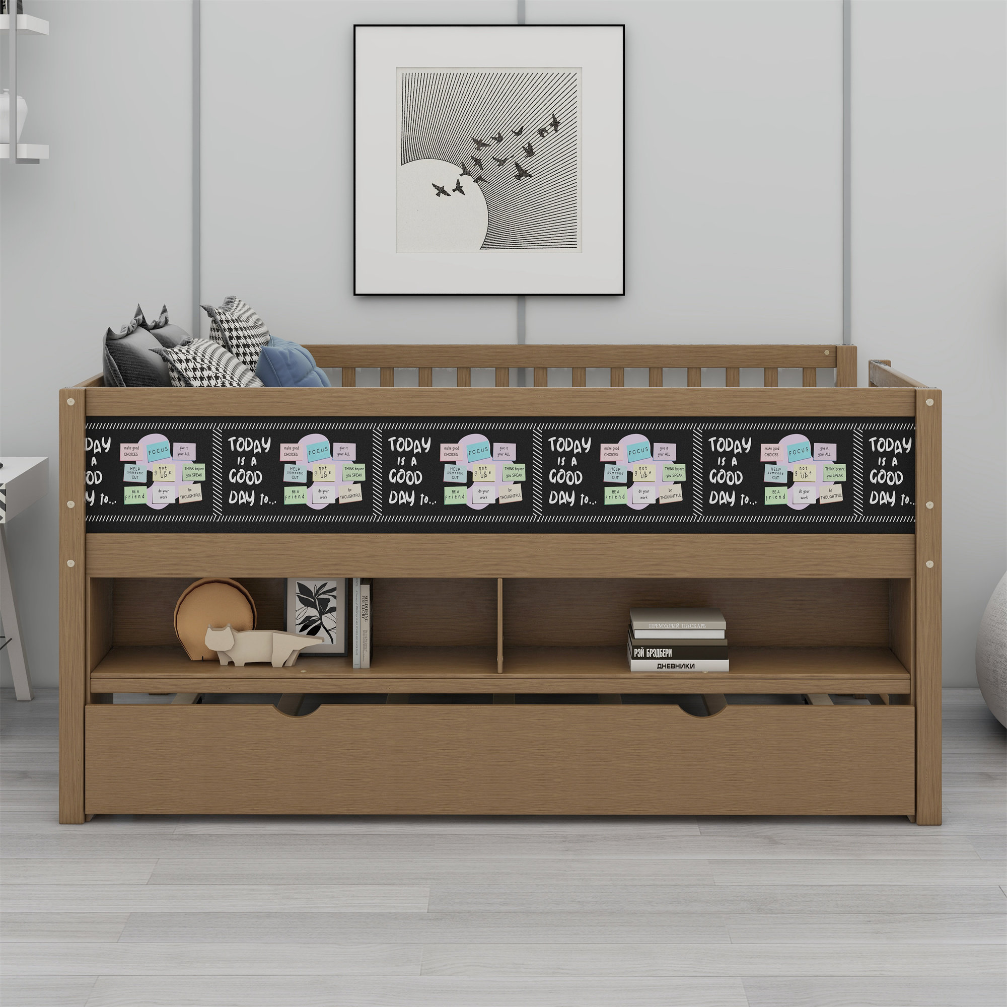 Harriet Bee Wood Low Loft Bed With Storage Shelves, Blackboard And Trundle - Wayfair Canada