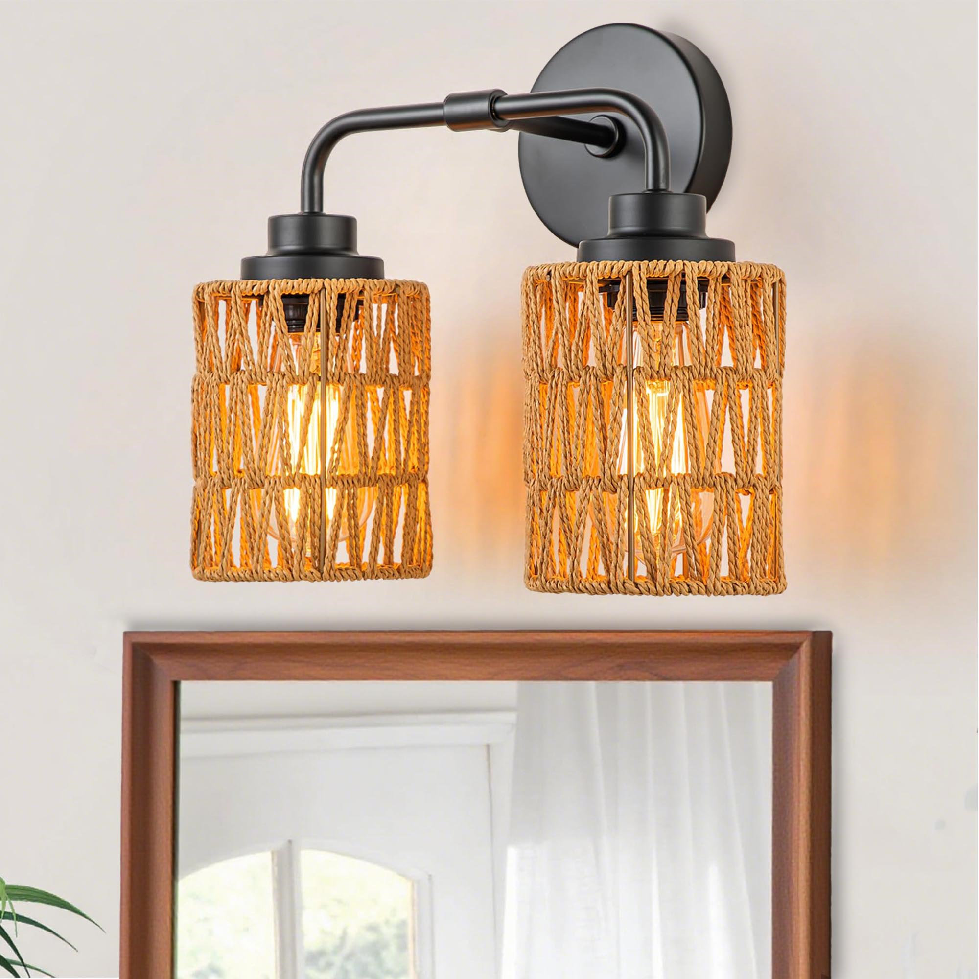 Bay Isle Home™ 2-Light Boho Vanity Fixture With Hand-Woven Rattan ...